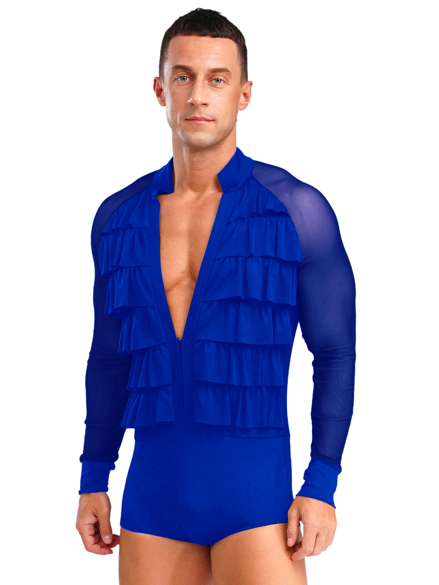 Kaerm Men's Latin Dance Shirt Deep V-neck Long Sleeves Sheer Mesh ...