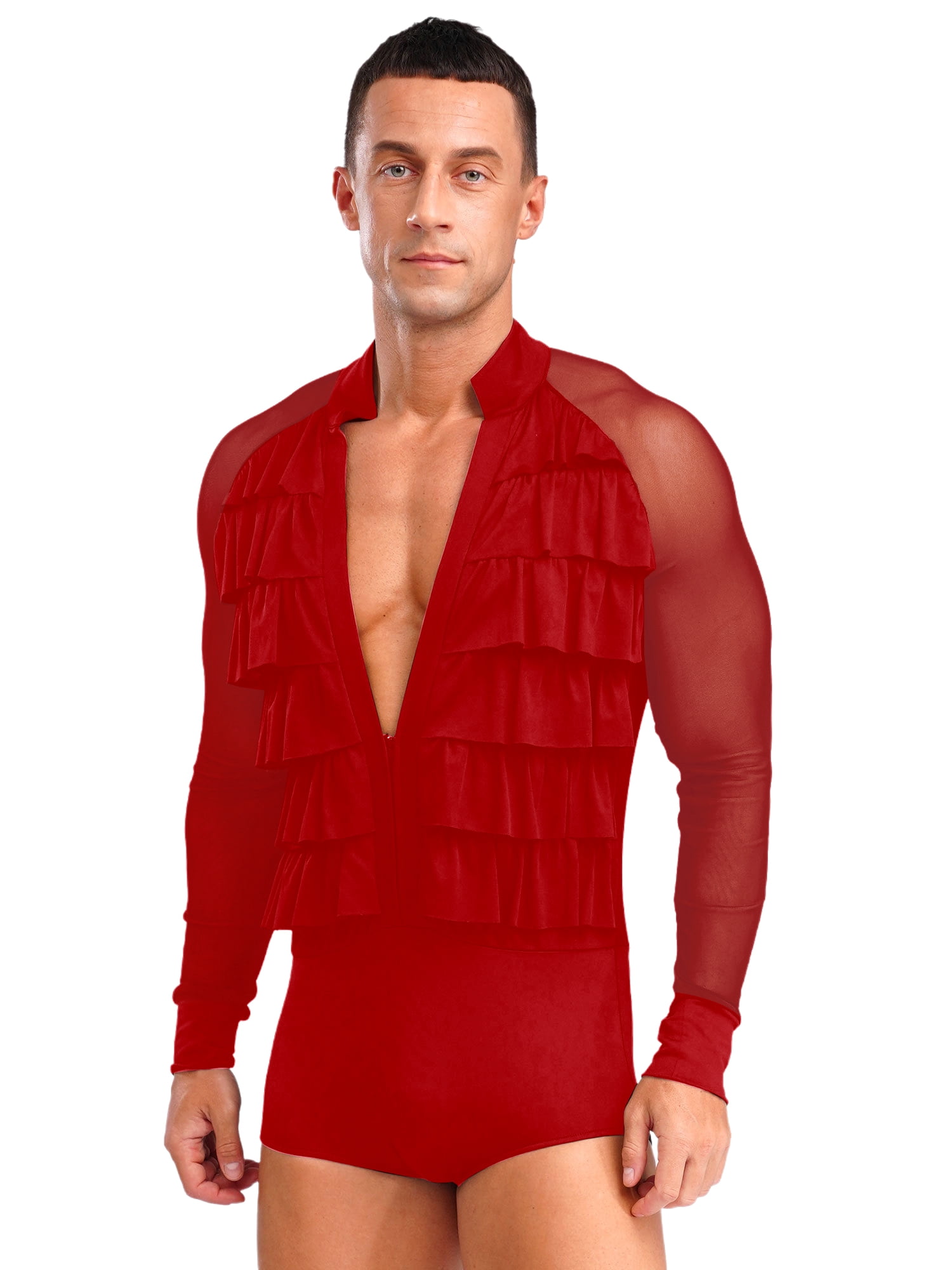 Kaerm Men's Latin Dance Shirt Deep V-neck Long Sleeves Sheer Mesh ...
