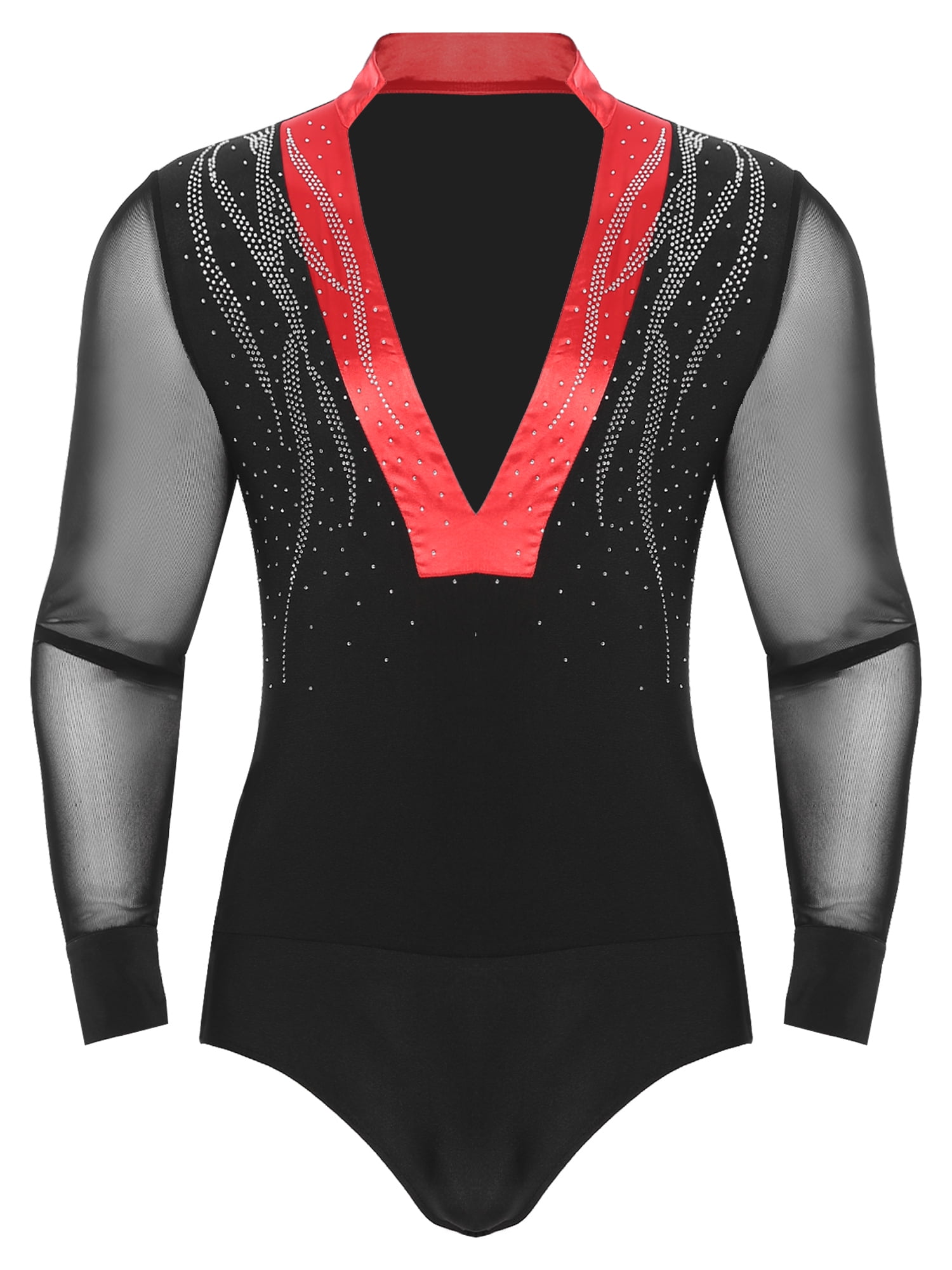 Kaerm Men's Mesh Patchwork Shiny Latin Dance Shirts Bodysuit Ballroom ...