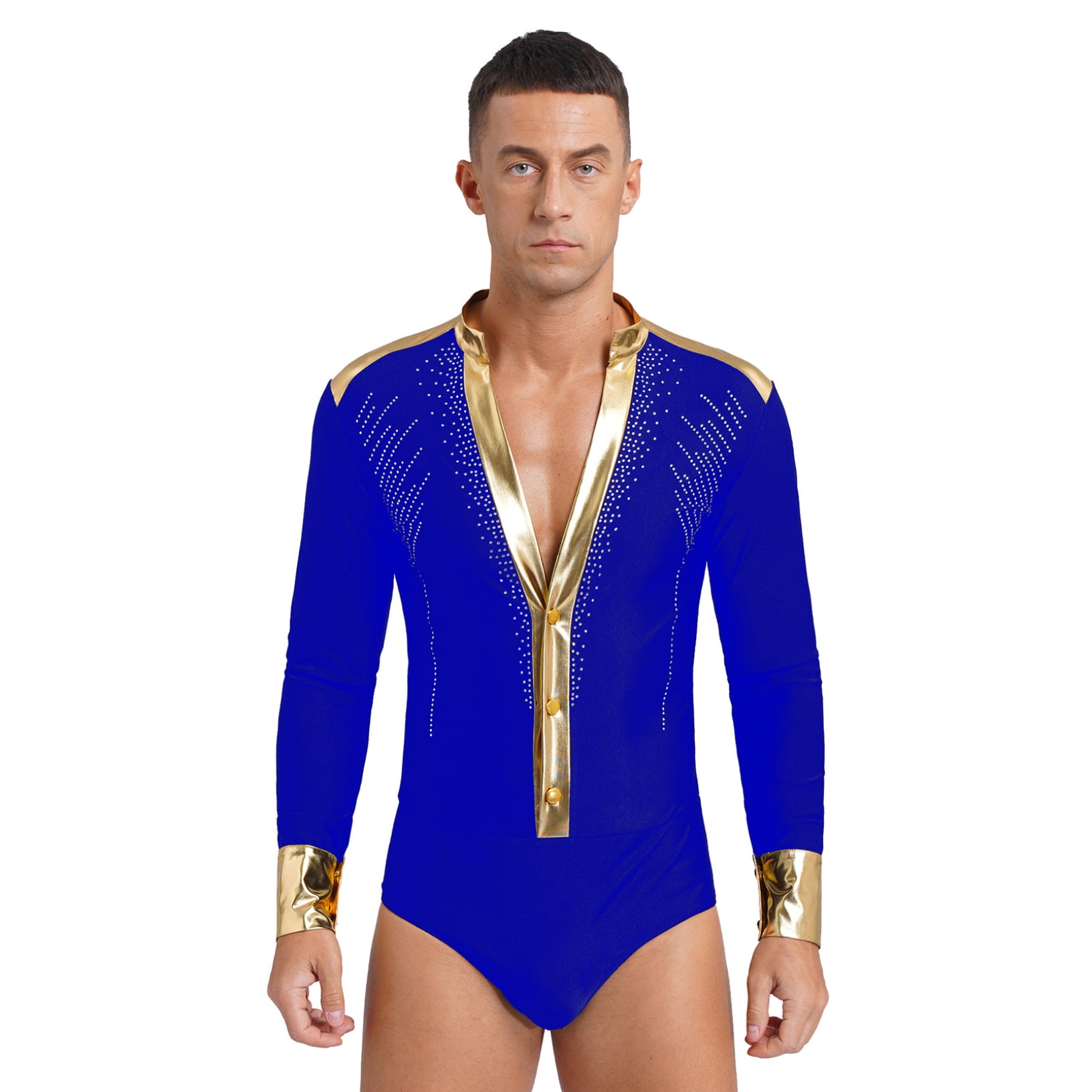 Kaerm Men's Metallic V Neck Latin Chacha Samba Rumba Dance Shirt Long ...