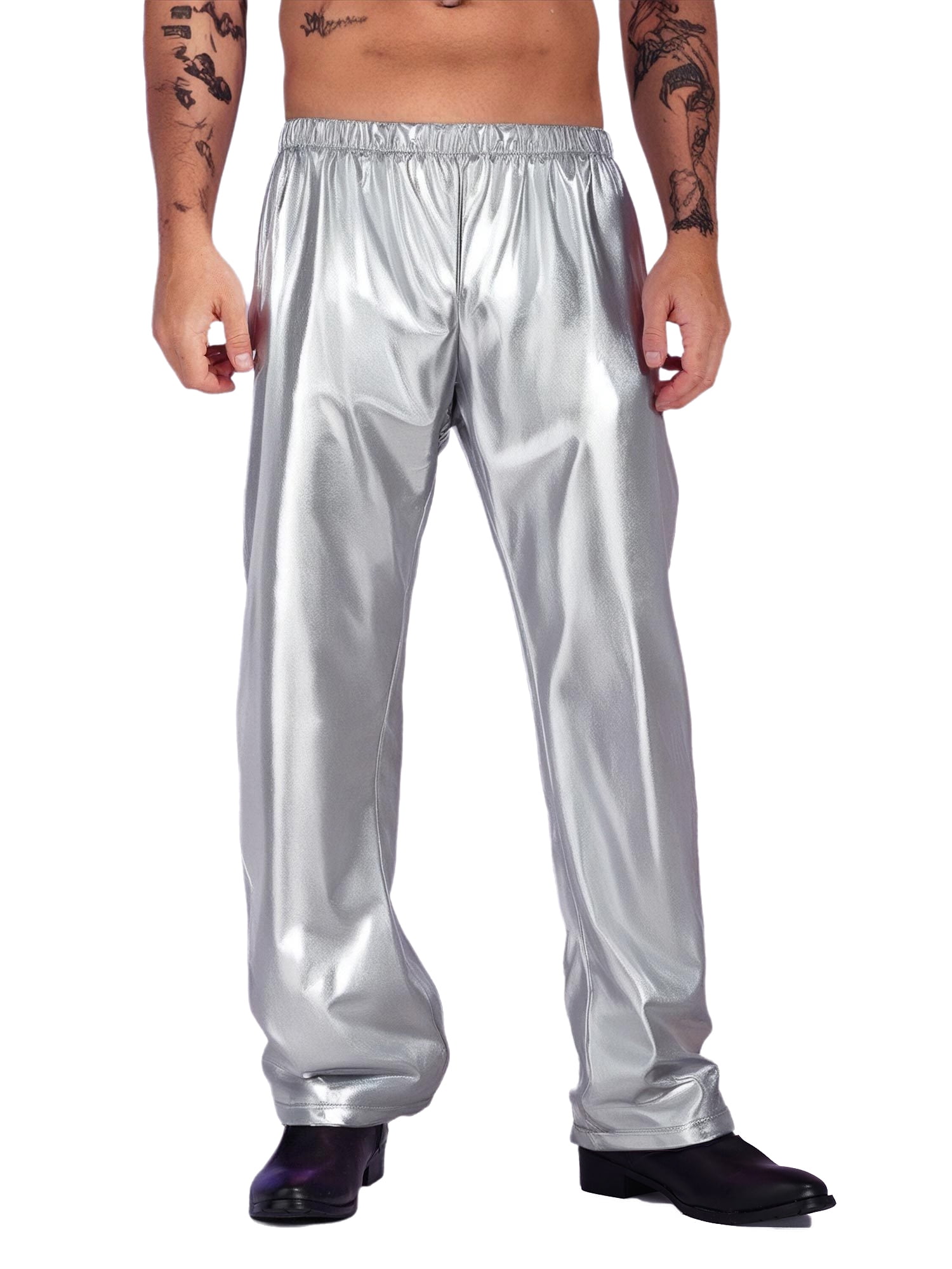 Kaerm Mens Metallic Pants Disco Outfit Elastic Waistband Rave Straight ...