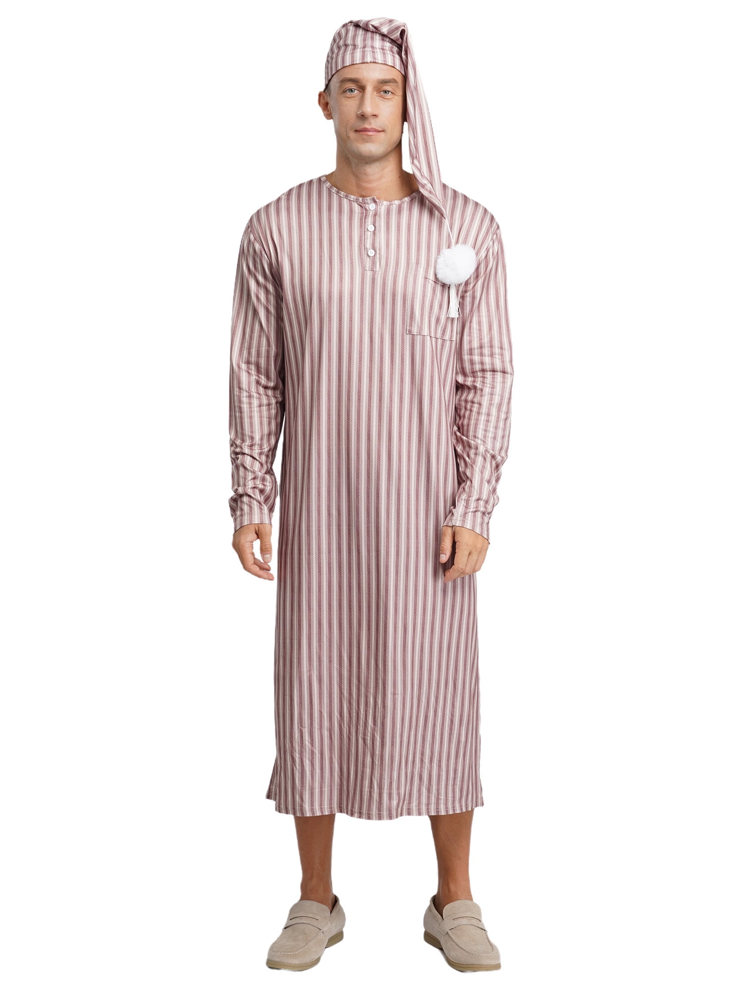 Kaerm Mens Nightwear Striped Sleep Robe with Hat Long Sleeve Long Robe ...