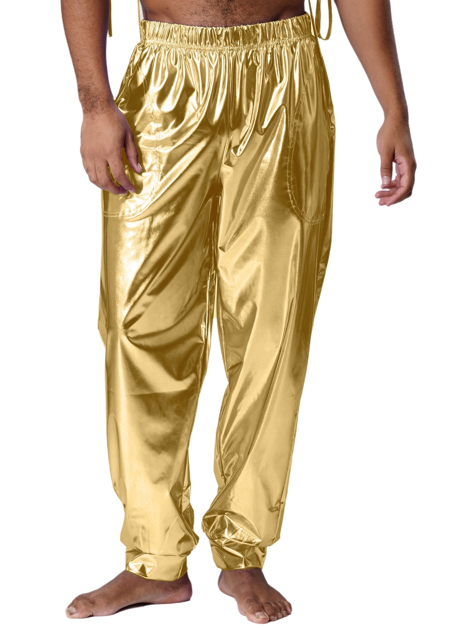 Kaerm Mens Shiny Metallic Jogger Pants High Waist Loose Yoga Harem ...