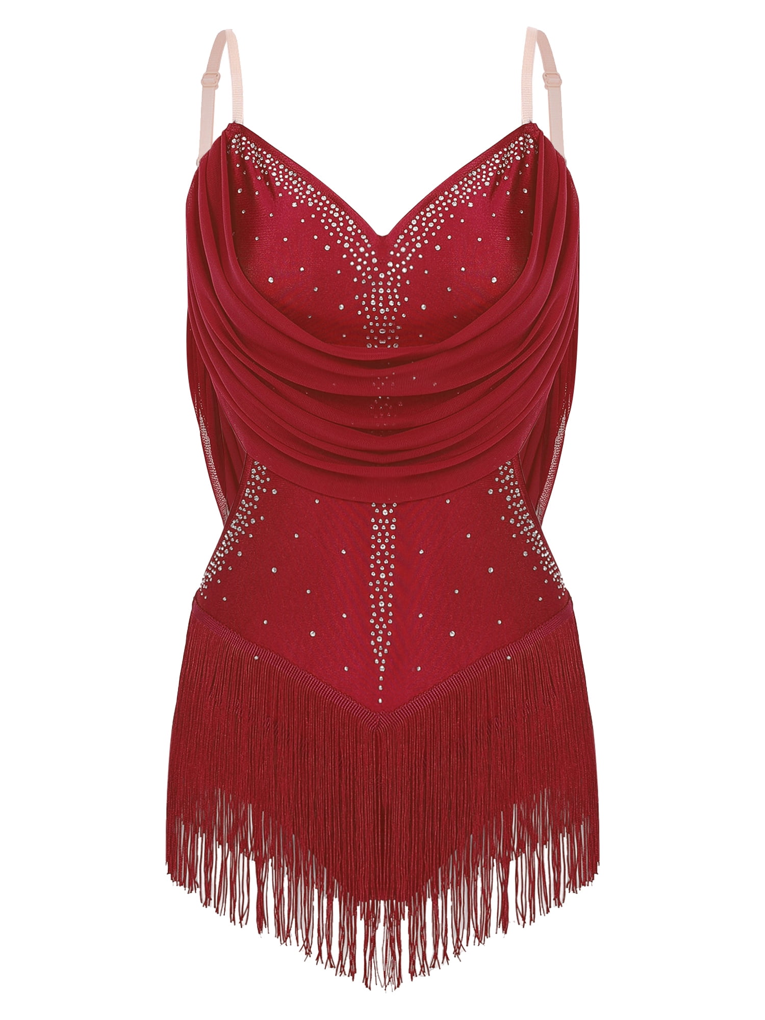 Kaerm Women Latin Dance Dress Ruched Mesh Glitter Fringed Leotard Dress ...