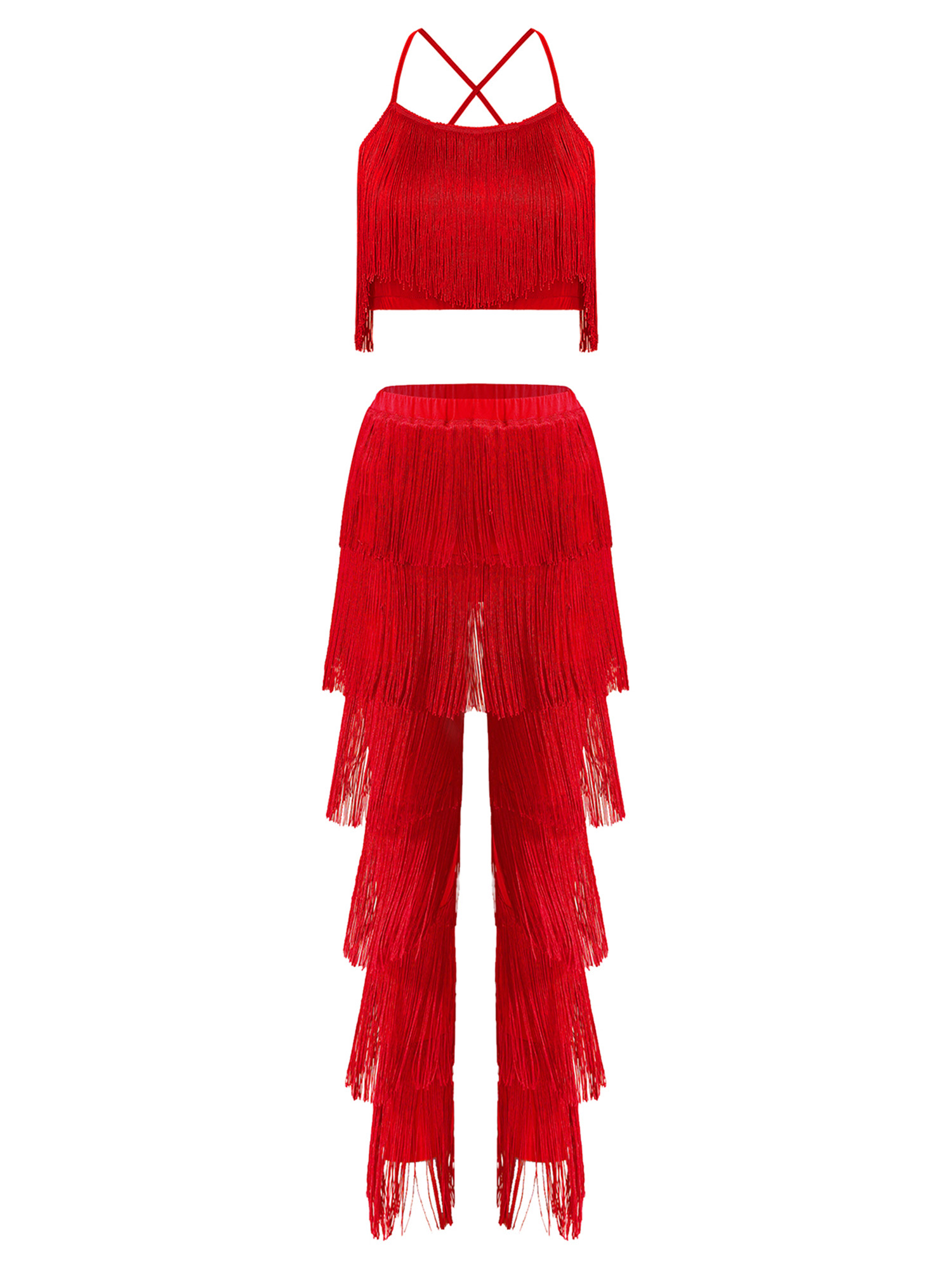 Kaerm Women Latin Salsa Dance Outfits Cross Back Tassel Crop Top Set ...