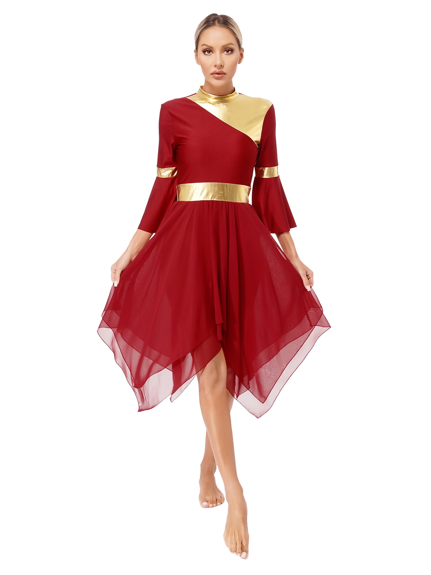 Kaerm Women Liturgical Praise Dance Outfit 3/4 Flare Sleeve Contrast ...