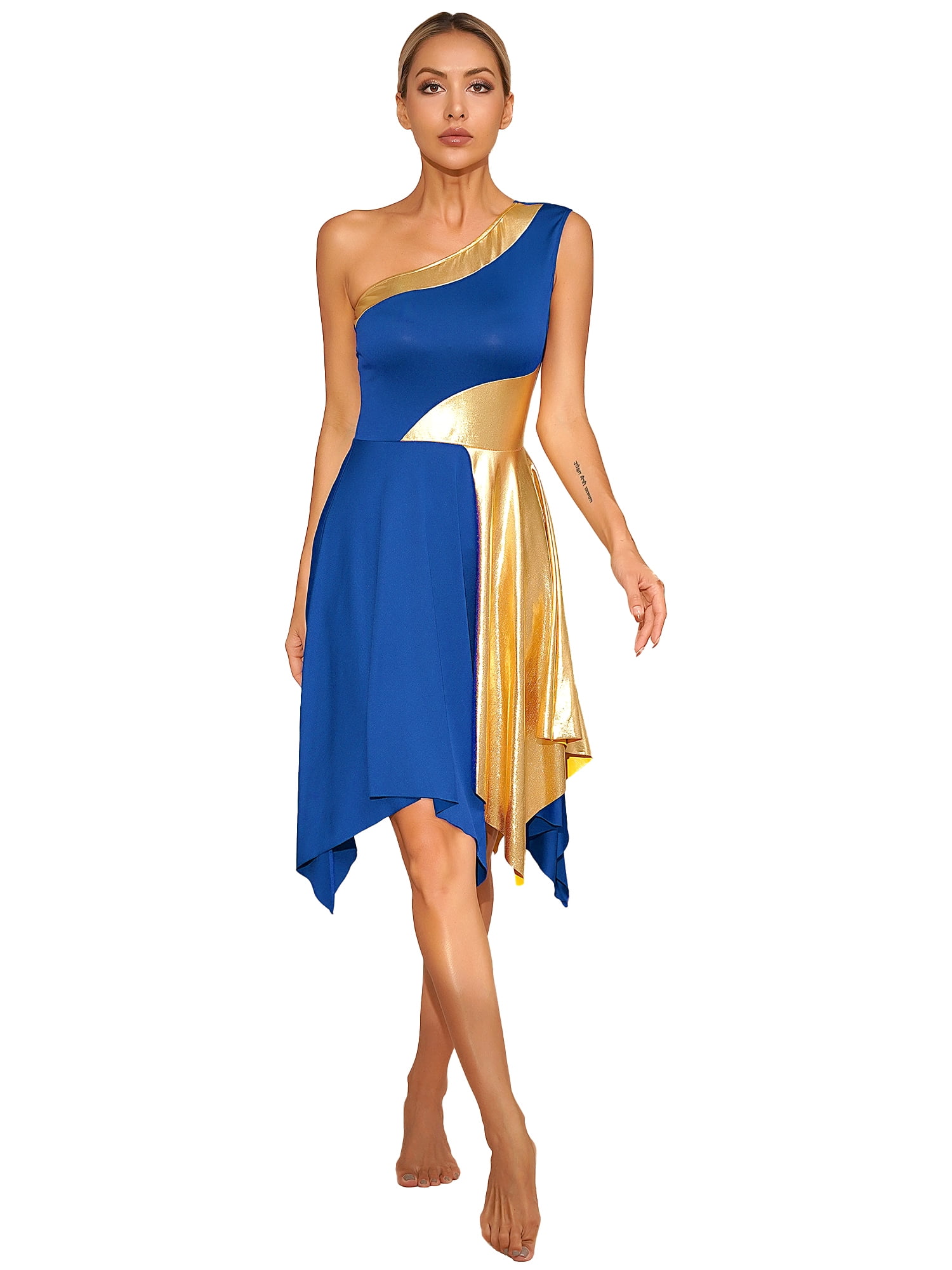 Kaerm Women Metallic Praise Dance Dress Color Block One Shoulder ...