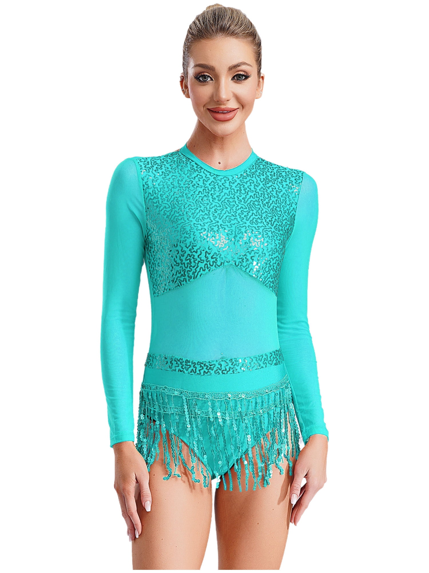 Kaerm Women Salsa Latin Dance Dress Glitter Sequin Fringe Flapper Party ...