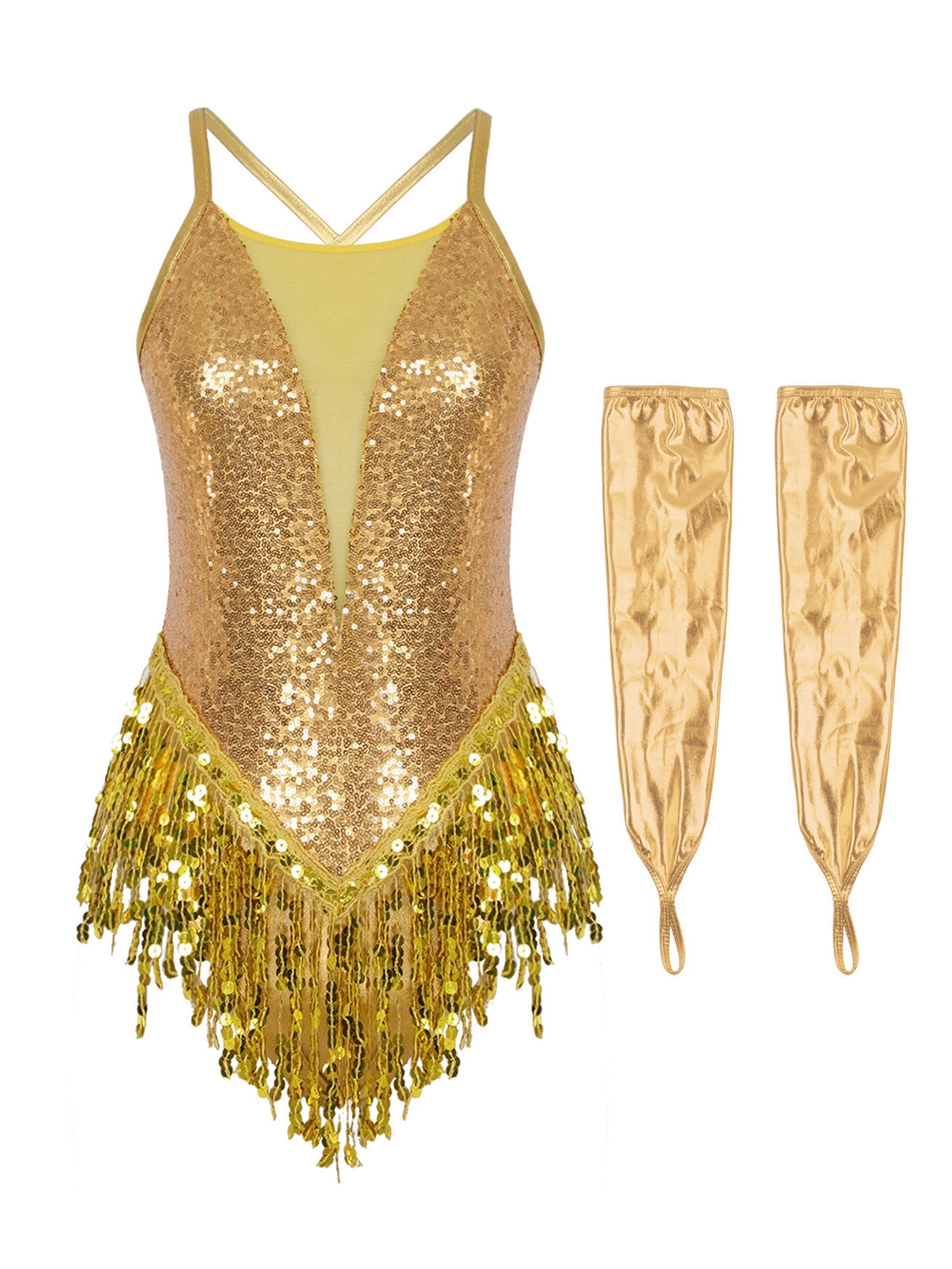 Kaerm Women Sequin Latin Dance Dress With Gloves Jazz Tango Salsa Rumba ...