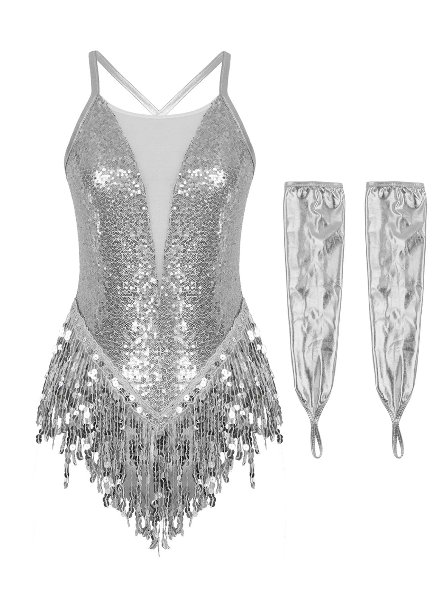 Kaerm Women Sequin Latin Dance Dress With Gloves Jazz Tango Salsa Rumba ...