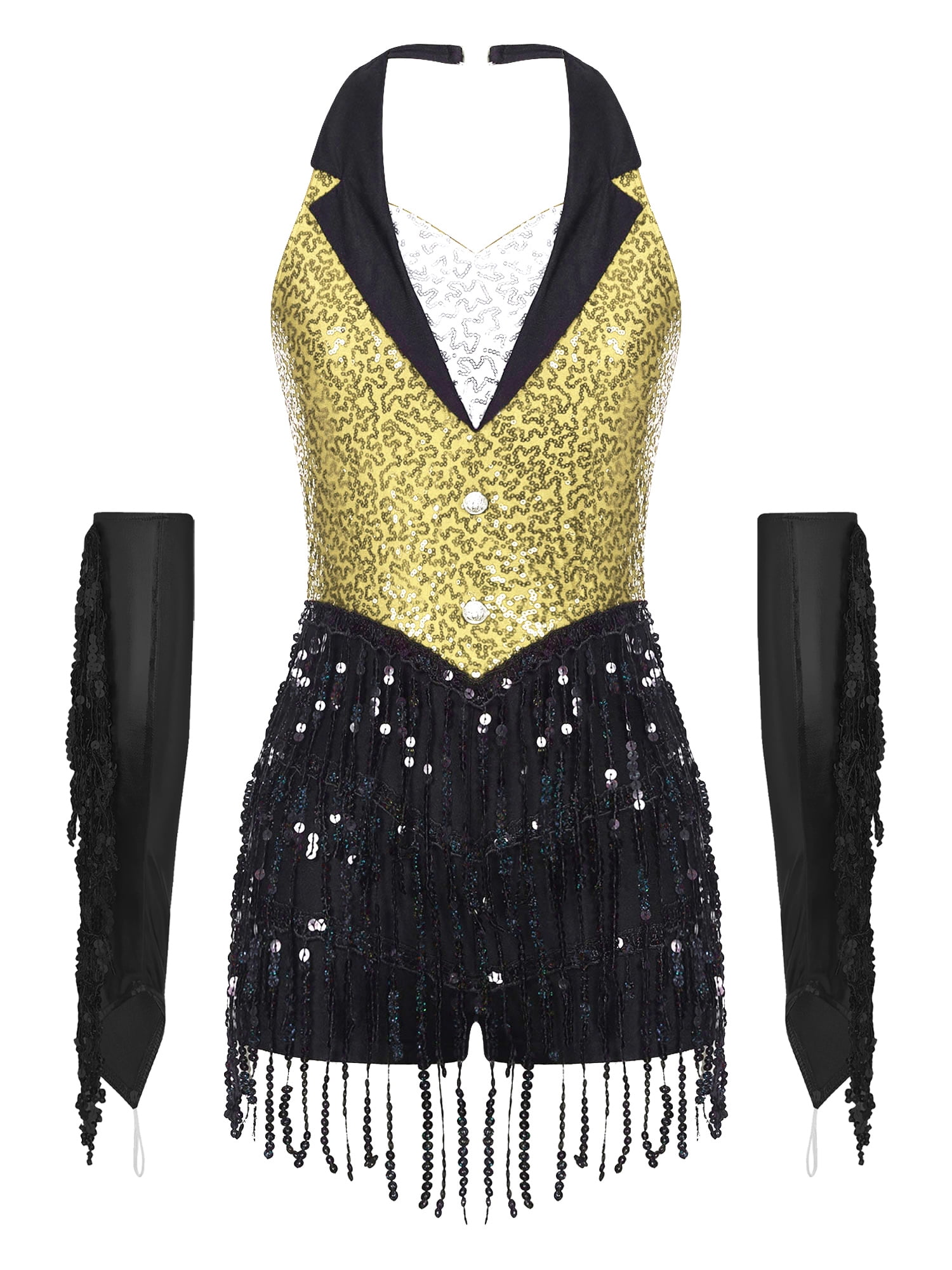 Kaerm Women Sequins Tassel Latin Dance Dress with Gloves Yellow S ...