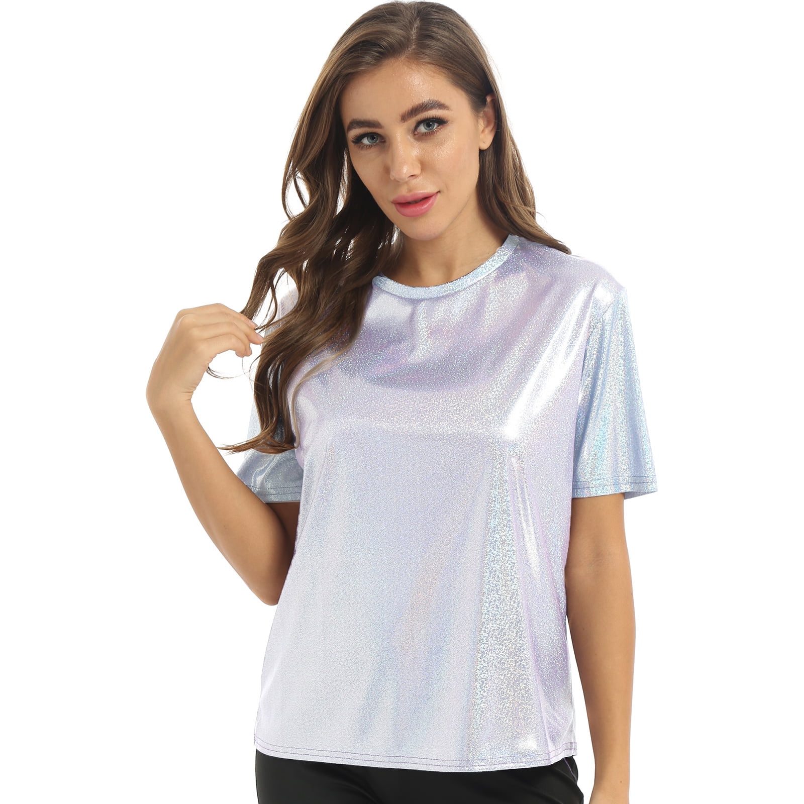 Kaerm Women Short Sleeve Raves Party Sparkles Glitter Blouse Shiny Tops ...