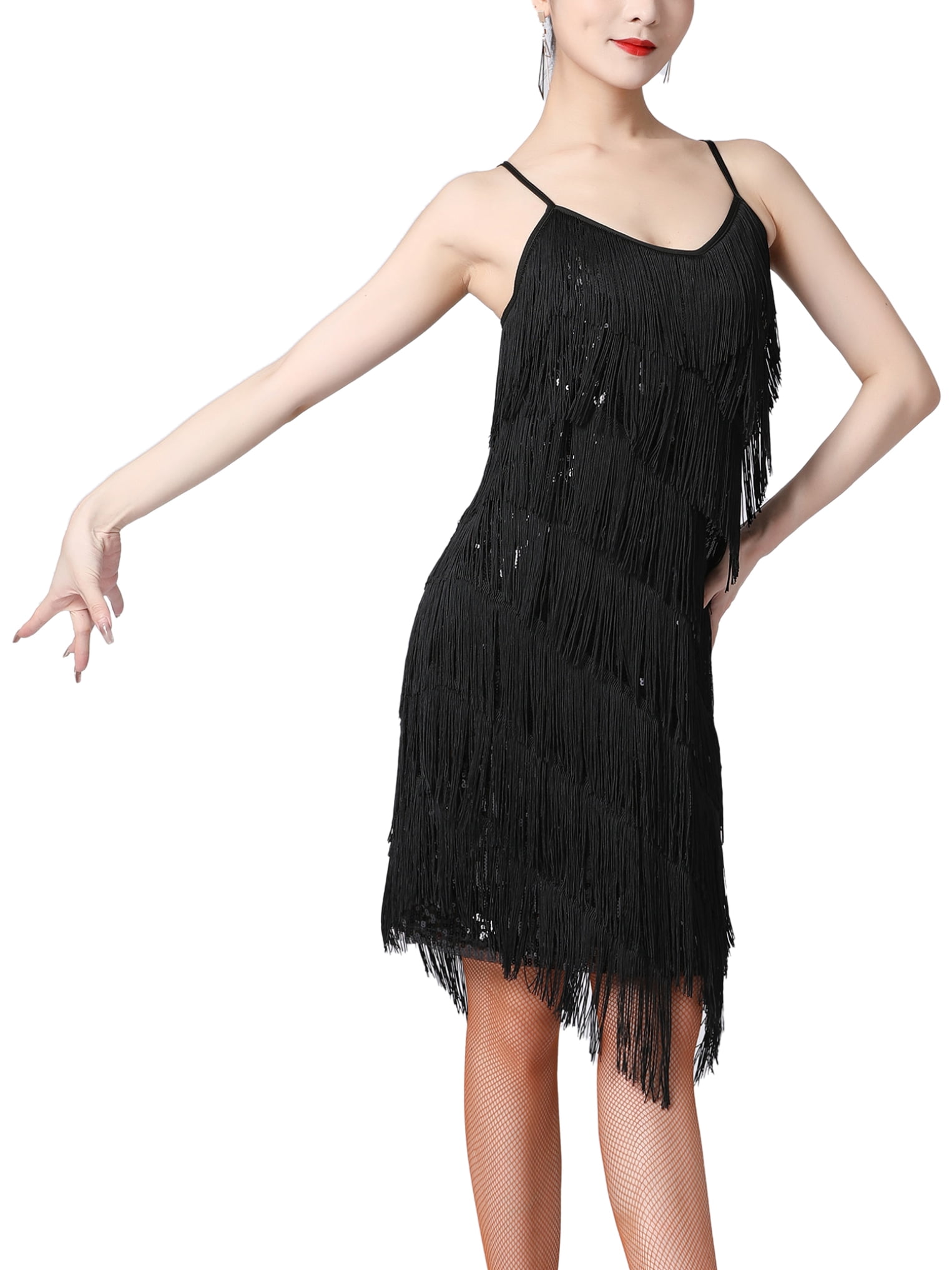 Kaerm Women's 1920s Flapper Dress Spaghetti Straps Sequin Fringe Latin ...