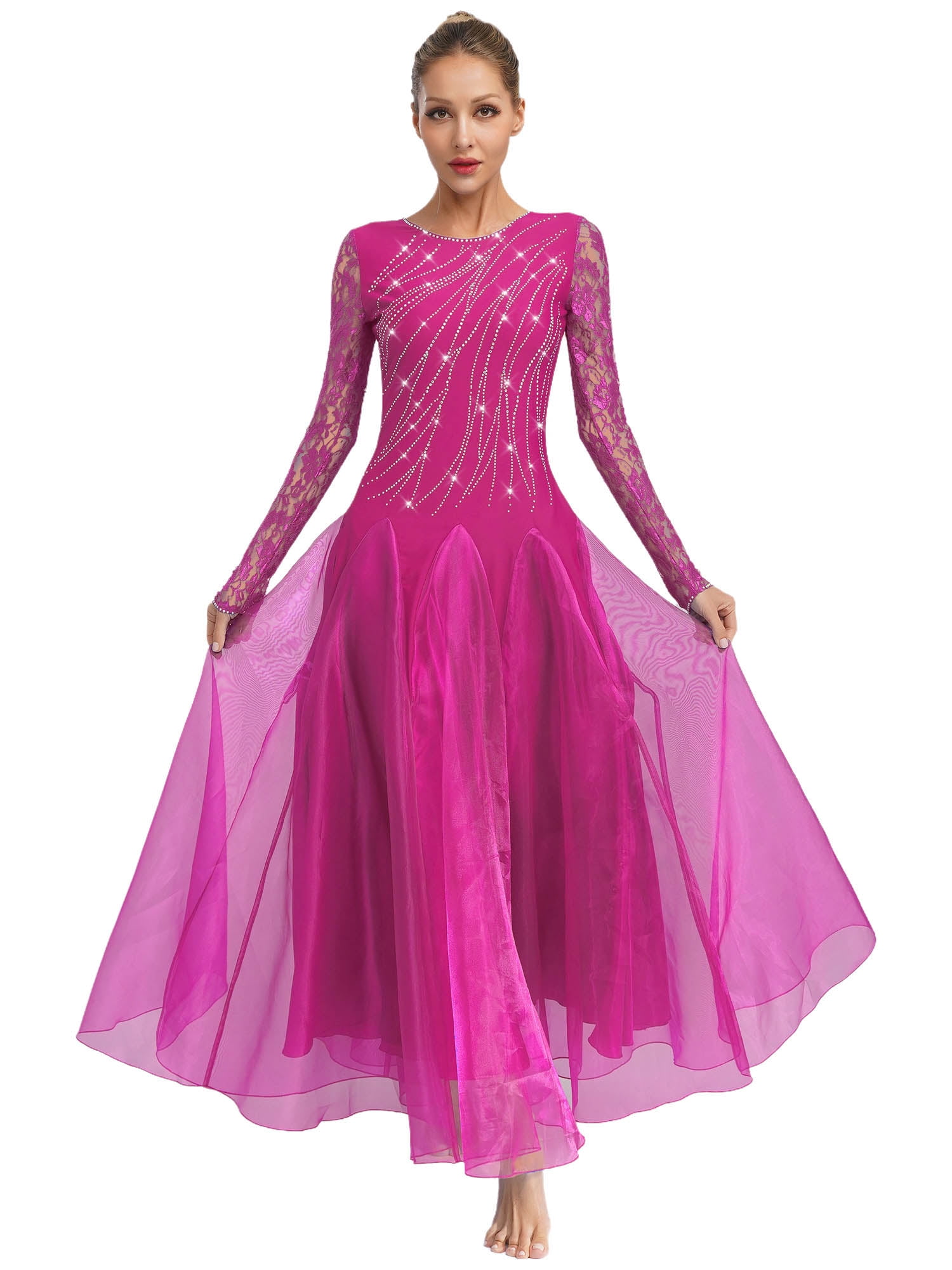 Kaerm Women's Ballroom Dance Competition Dress Floral Lace Long Sleeves ...