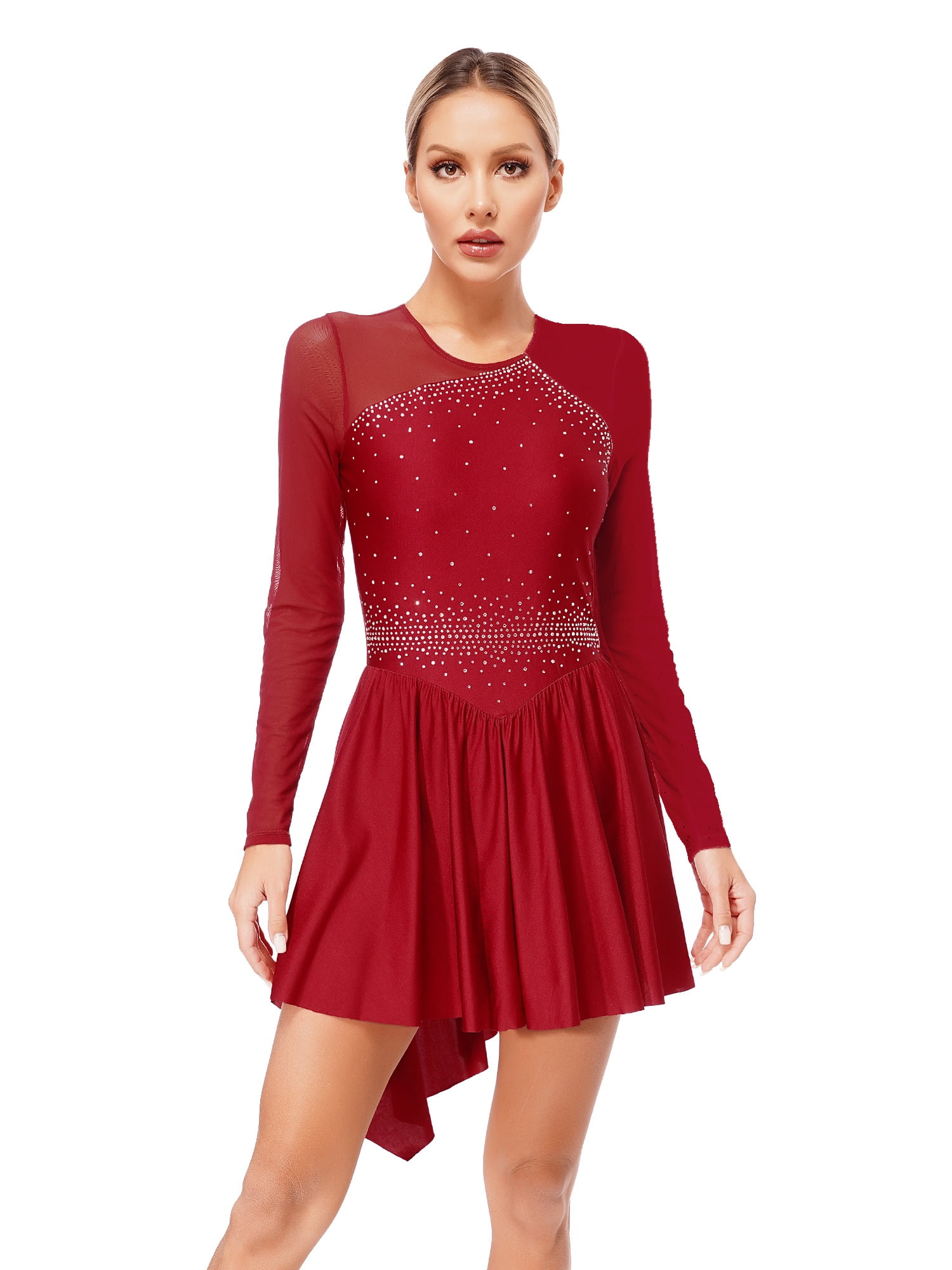 Kaerm Women's Long Sleeve Rhinestones Figure Ice Skating Dance Dress Hi ...