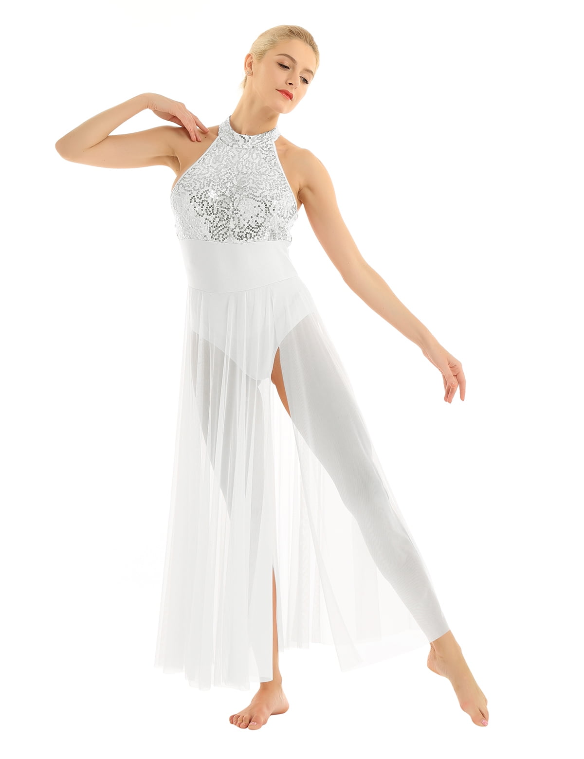 Kaerm Women's Lyrical Dance Dress Halter Sequins Tank Leotard Split ...