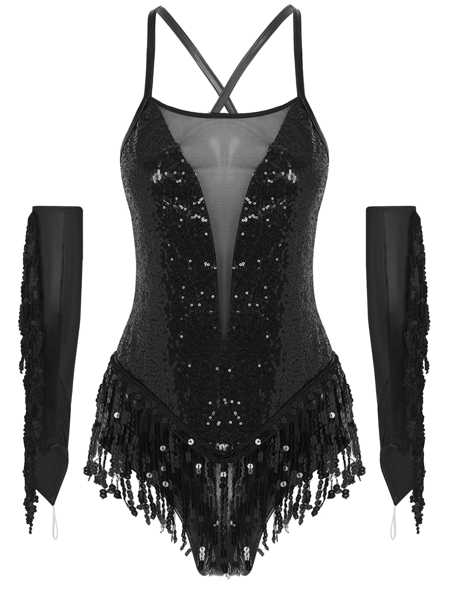 Kaerm Women's Sleeveless Fringe Sequins Backless Leotard Latin Dance ...