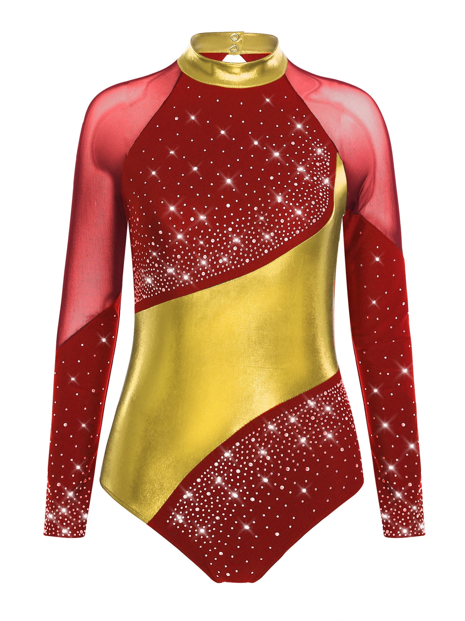 Kaerm Womens Gymnastics Leotards Long Sleeve Rhinestone Splice Leotard ...