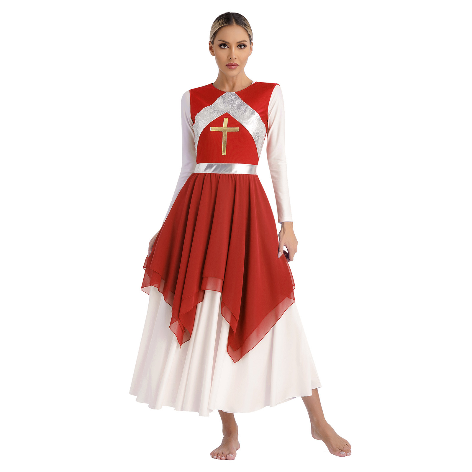 Kaerm Womens Liturgical Praise Dance Dress Metallic Shiny Cross Church ...