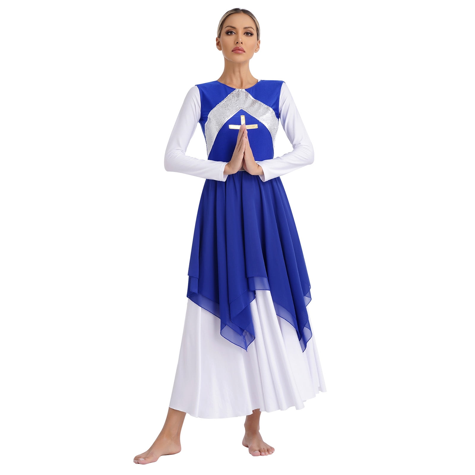 Kaerm Womens Liturgical Praise Dance Dress Metallic Shiny Cross Church ...
