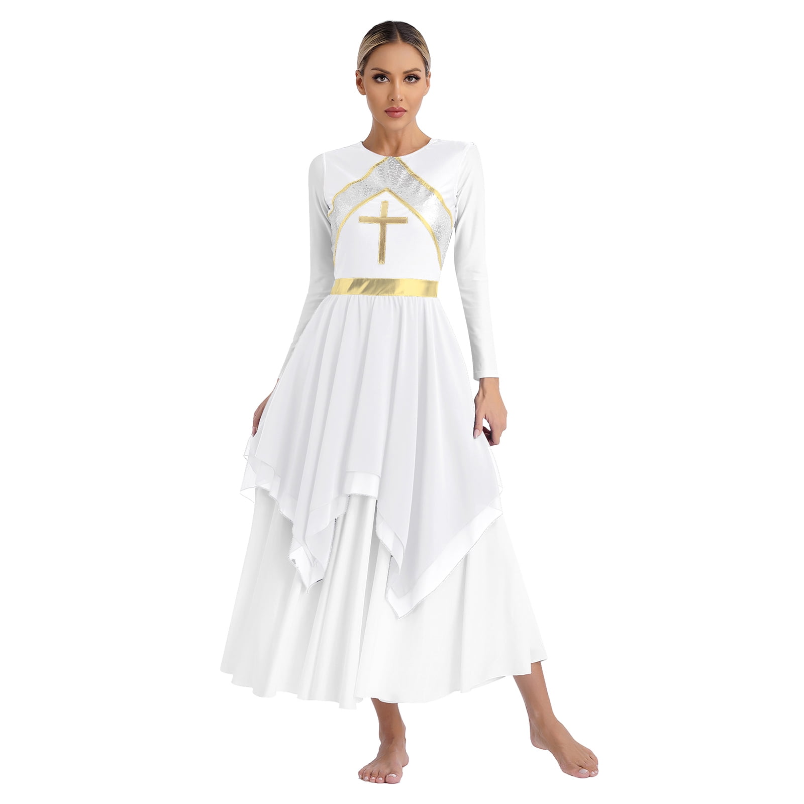 Kaerm Womens Liturgical Praise Dance Dress Metallic Shiny Cross Church ...