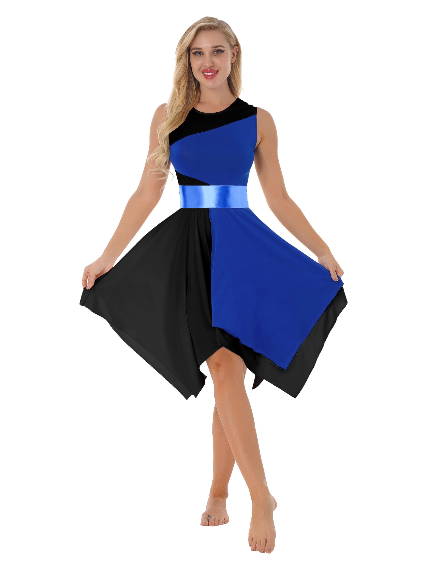 Kaerm Womens Praise Dance Dress Illusion Color Block Asymmetric Skirted ...