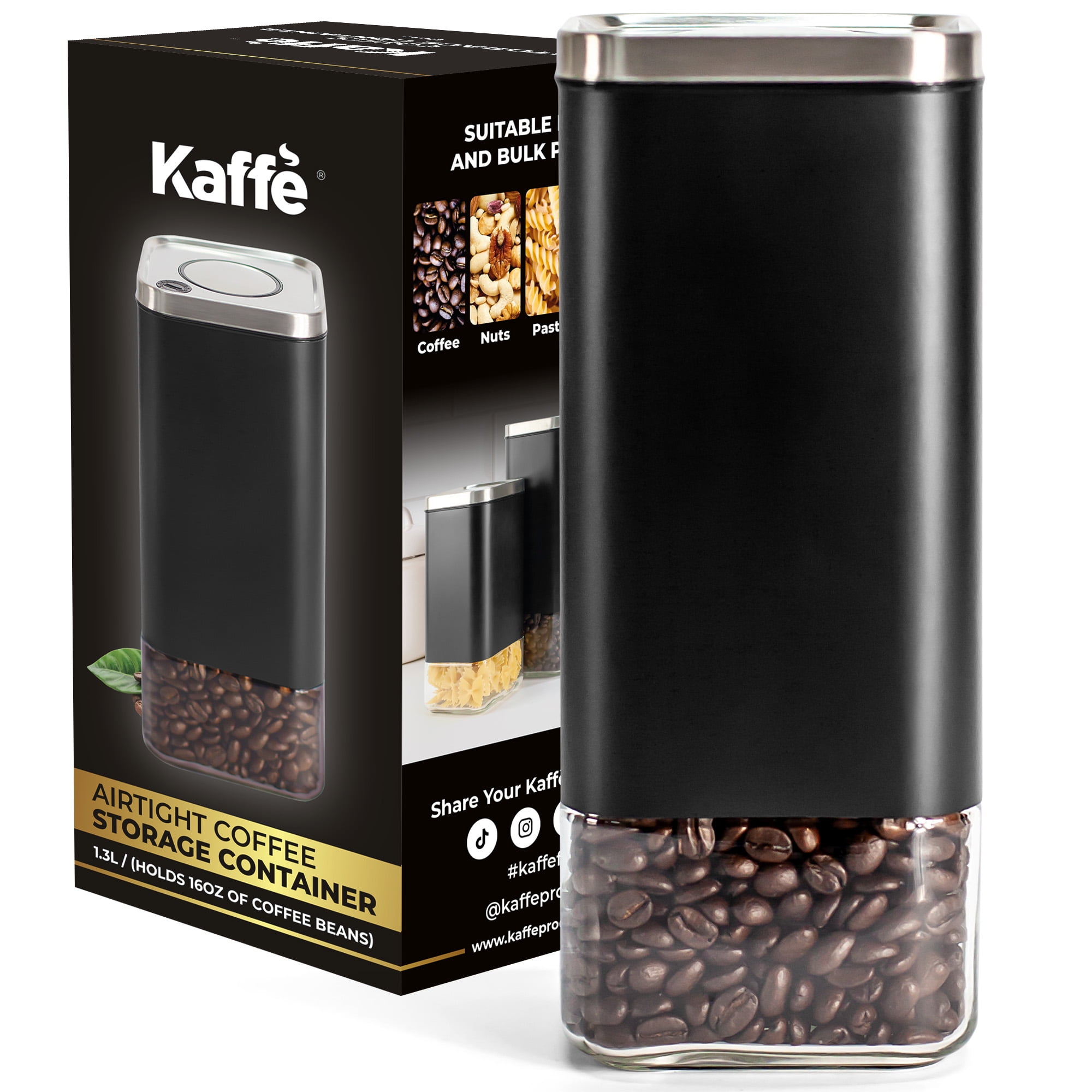 Kaffe Airtight Coffee Canister, Sealed Storage for Grounds, 16oz Glass ...