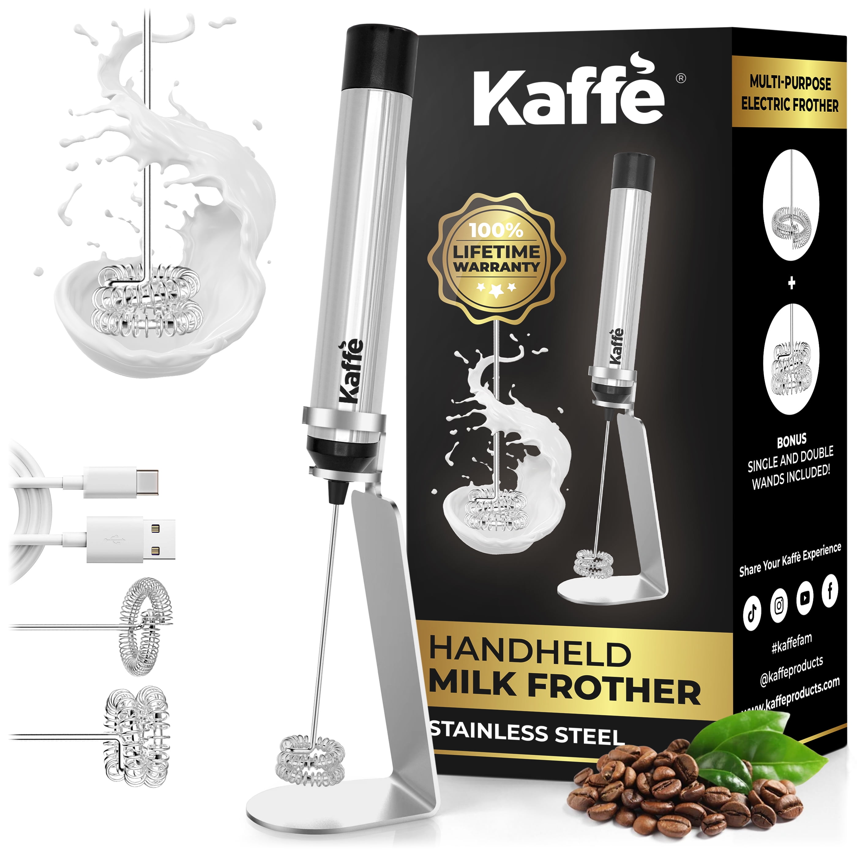 Kaffe KF6022 Handheld Milk Frother, Stainless Steel, USB Rechargeable ...