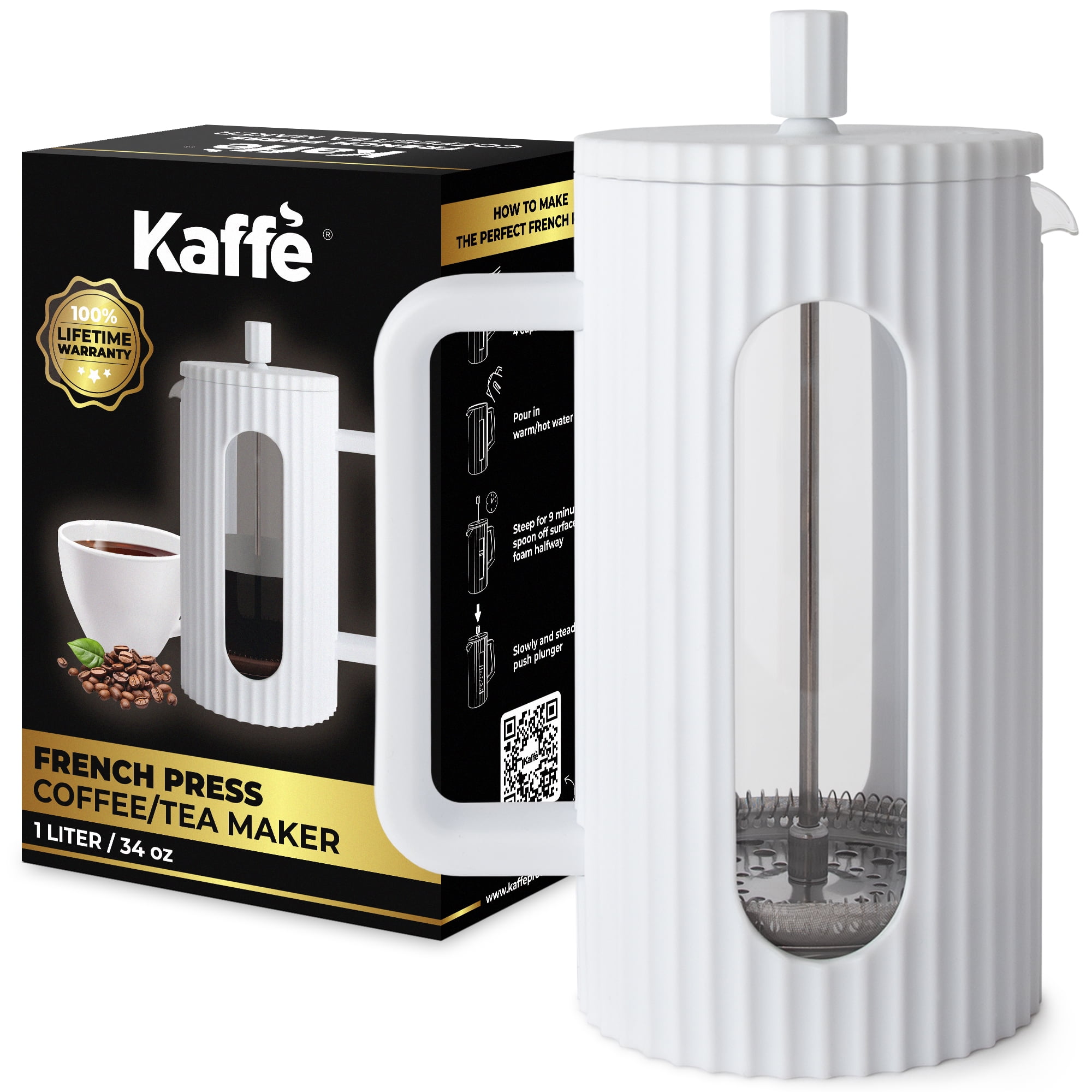 Kaffe Large French Press Coffee Maker. Double-Wall Stainless Steel Tea ...
