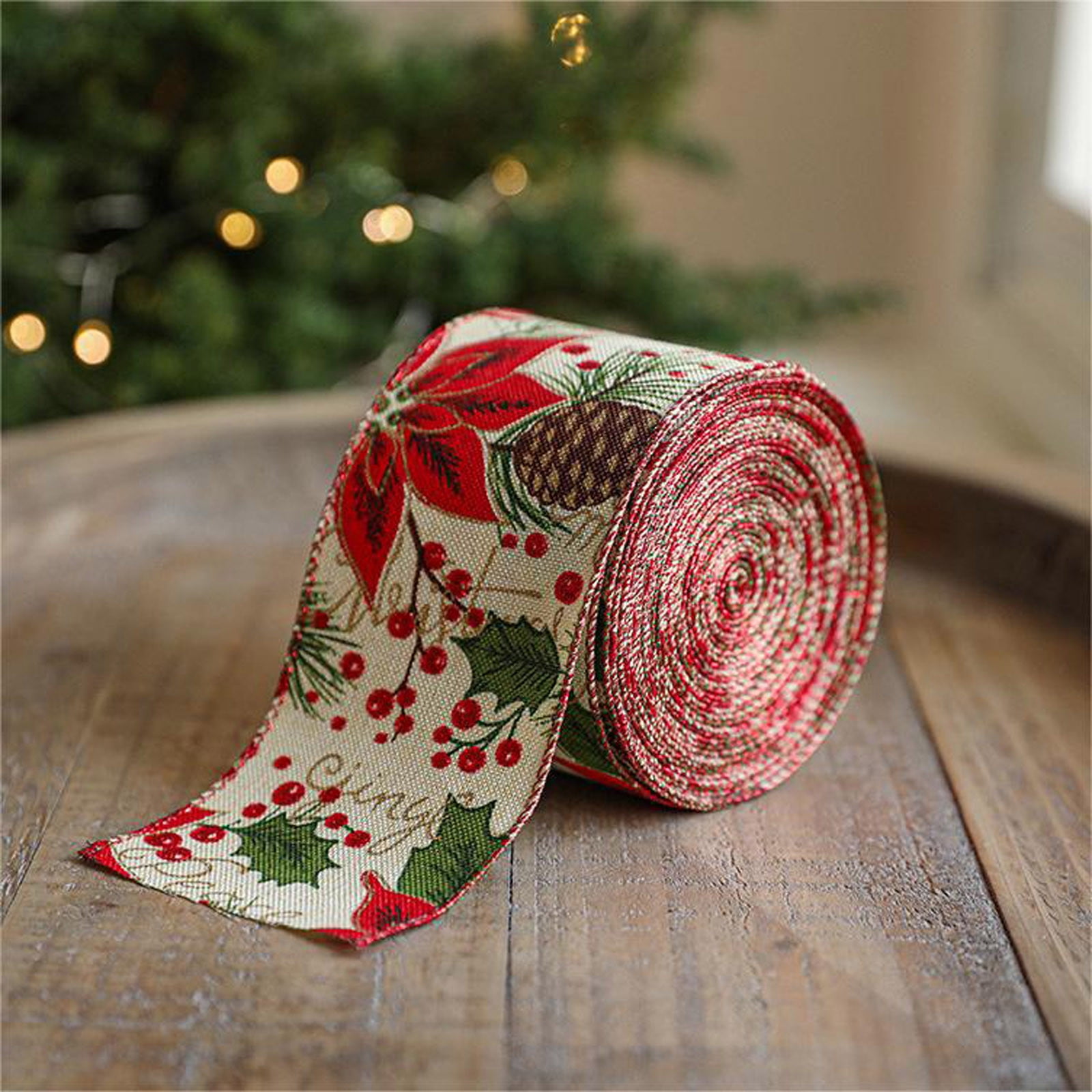 Kafsov 2.5 Inch Boutique Linen Christmas Ribbon, Colorful Tree Print ...
