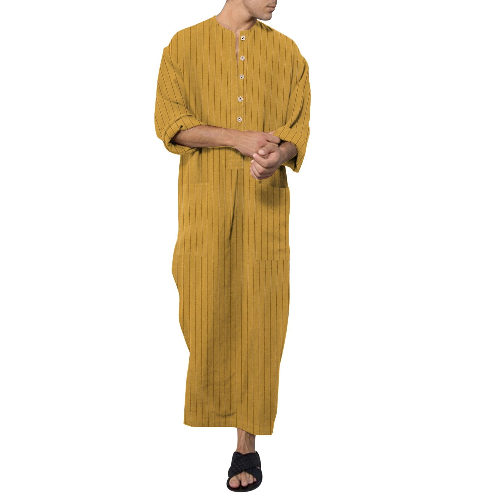 Kaftan Thobe Mens Short Sleeve V-Neck Button Down Linen Robe Big and ...