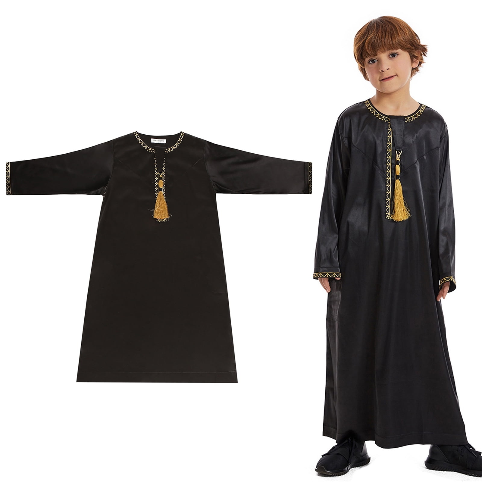 Kaftan for Boy Casual Long Sleeves Robe Crew Neck Kids Robe Black Abaya ...