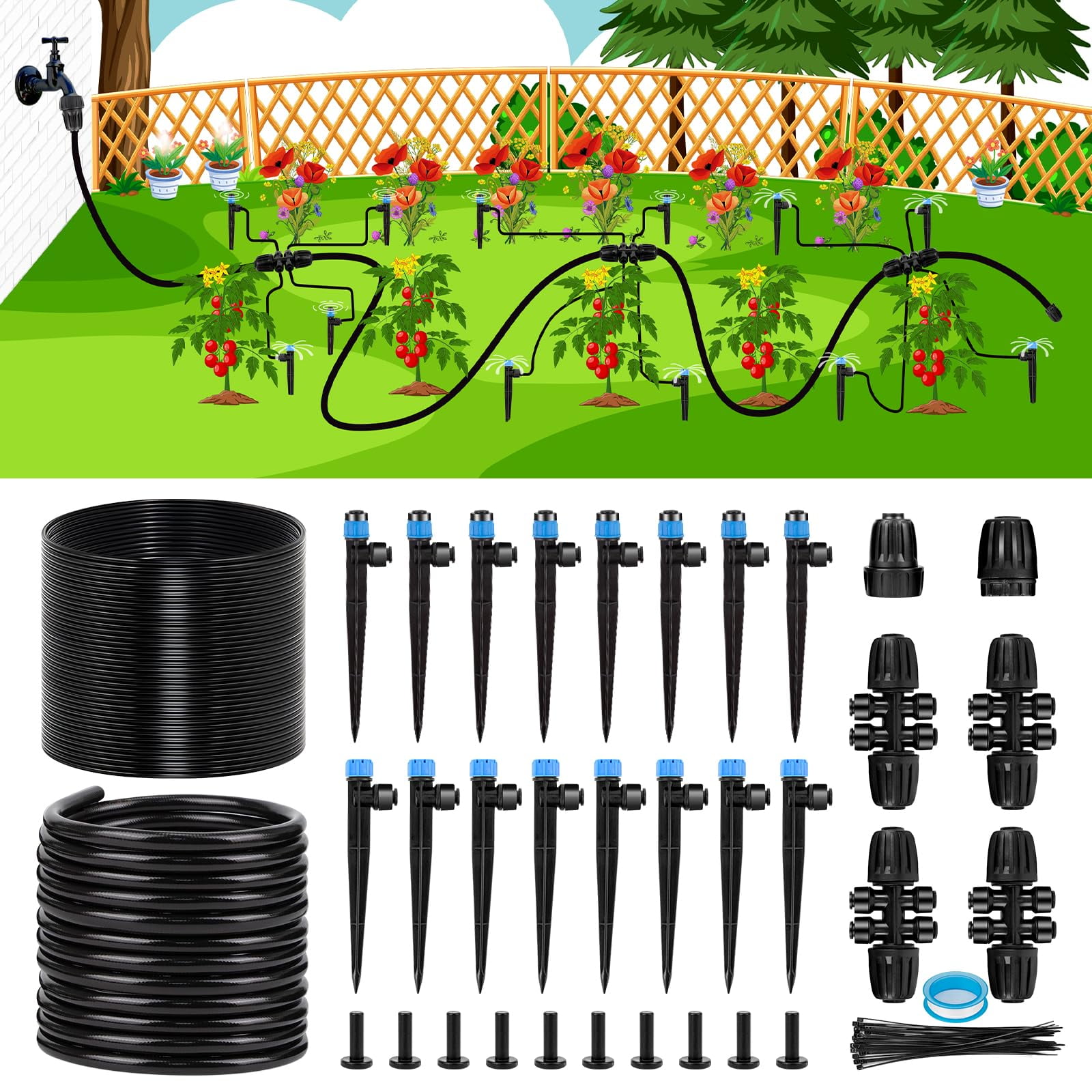 Kafuzi 102FT Drip Irrigation System Kit, New Quick-Connect, Garden ...