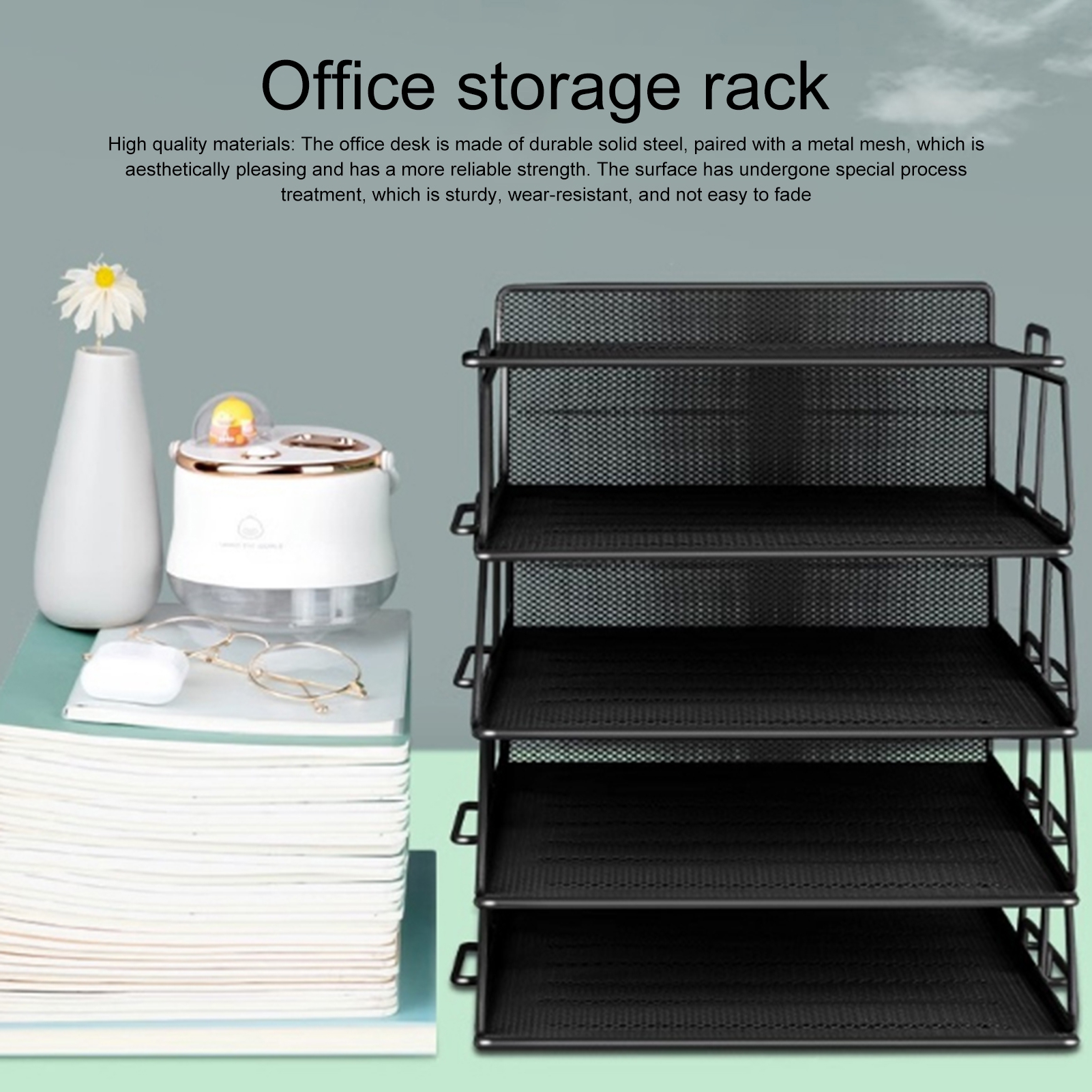 Kafvhsty 4-Tier Office Storage Rack with Pen Holder Metal Mesh Desktop ...