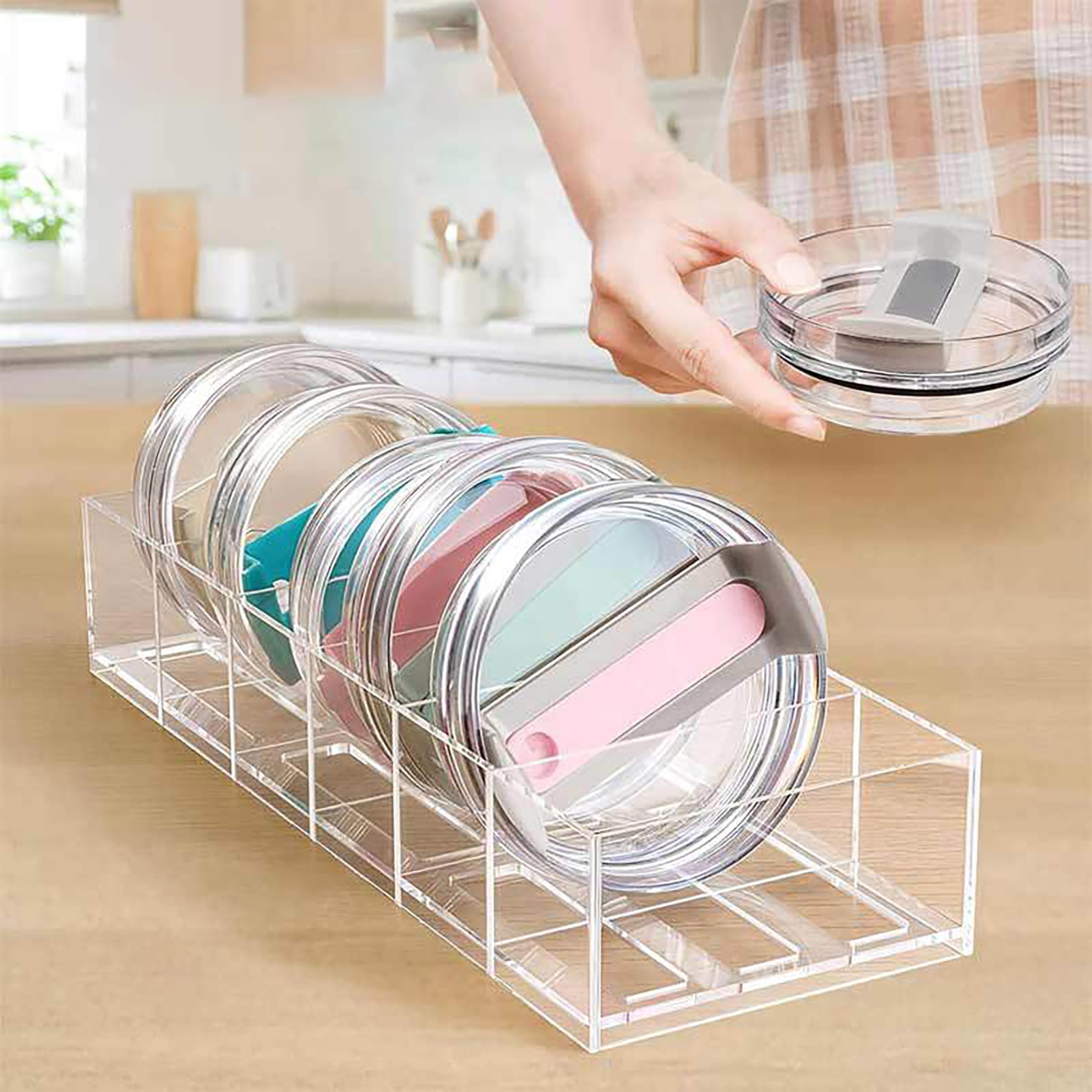 Kafvhsty Tumbler Lid Storage Box Clear Acrylic Cup Lid Organizer with 5 ...