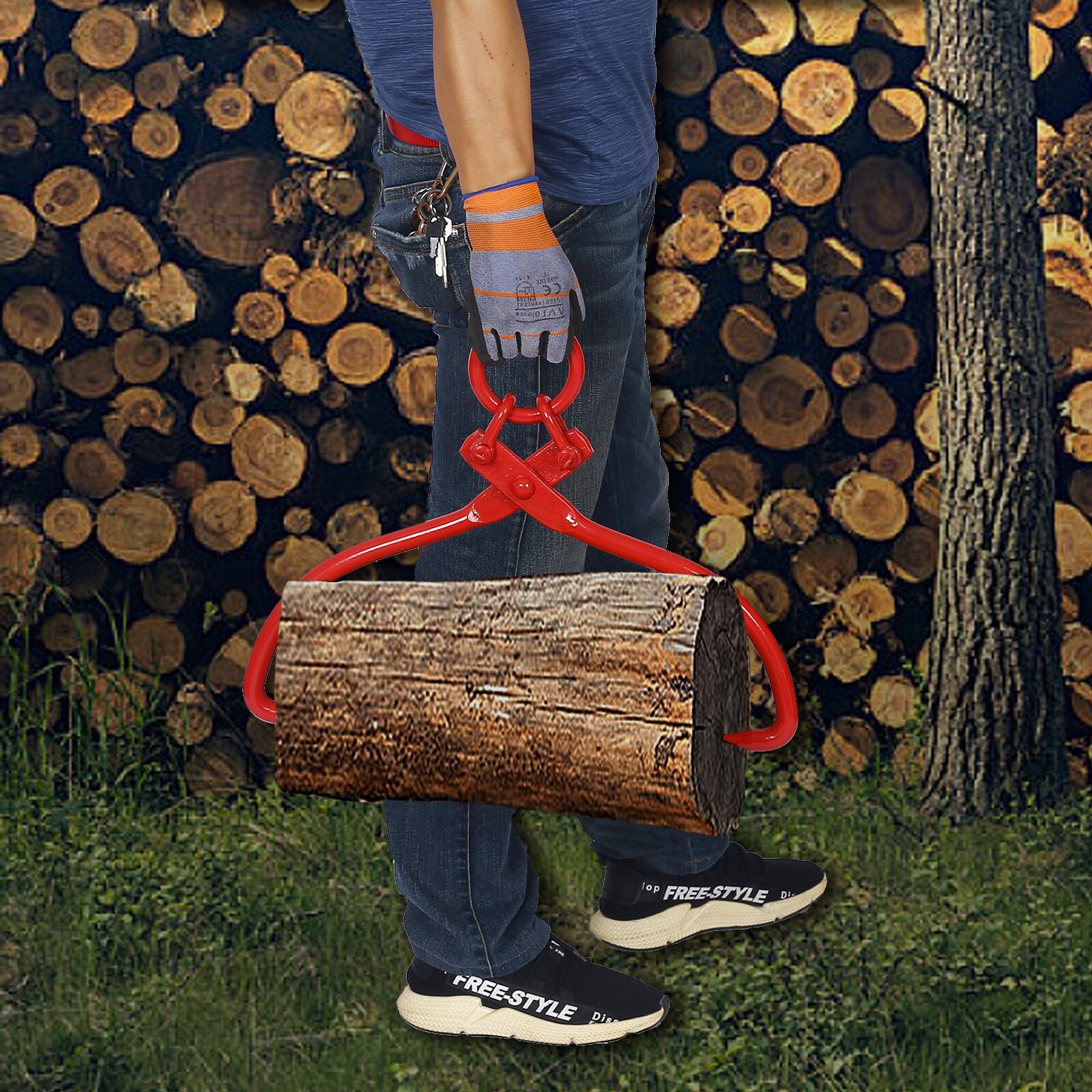 Kahomvis 32 in. Red Carbon Steel Log Tongs Heavy Duty Grapple Timber ...