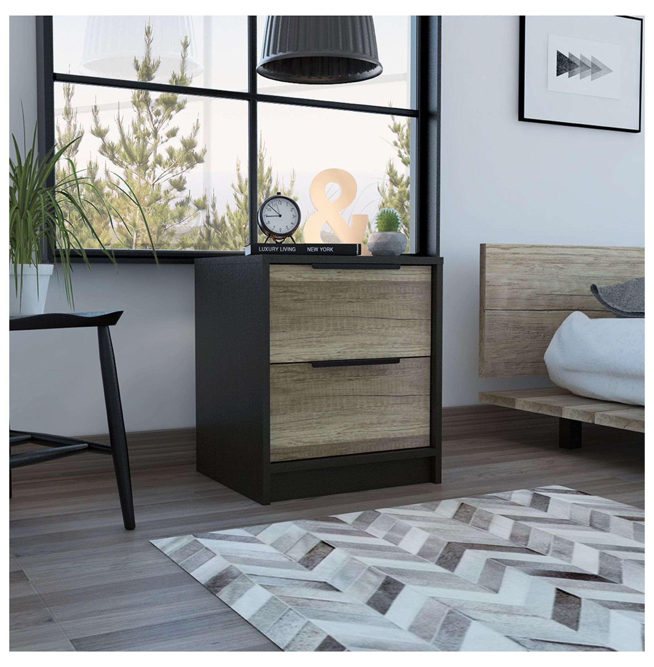 Kaia Nightstand; Two Drawers; Metal Handle -Black / Pine as Pic ...