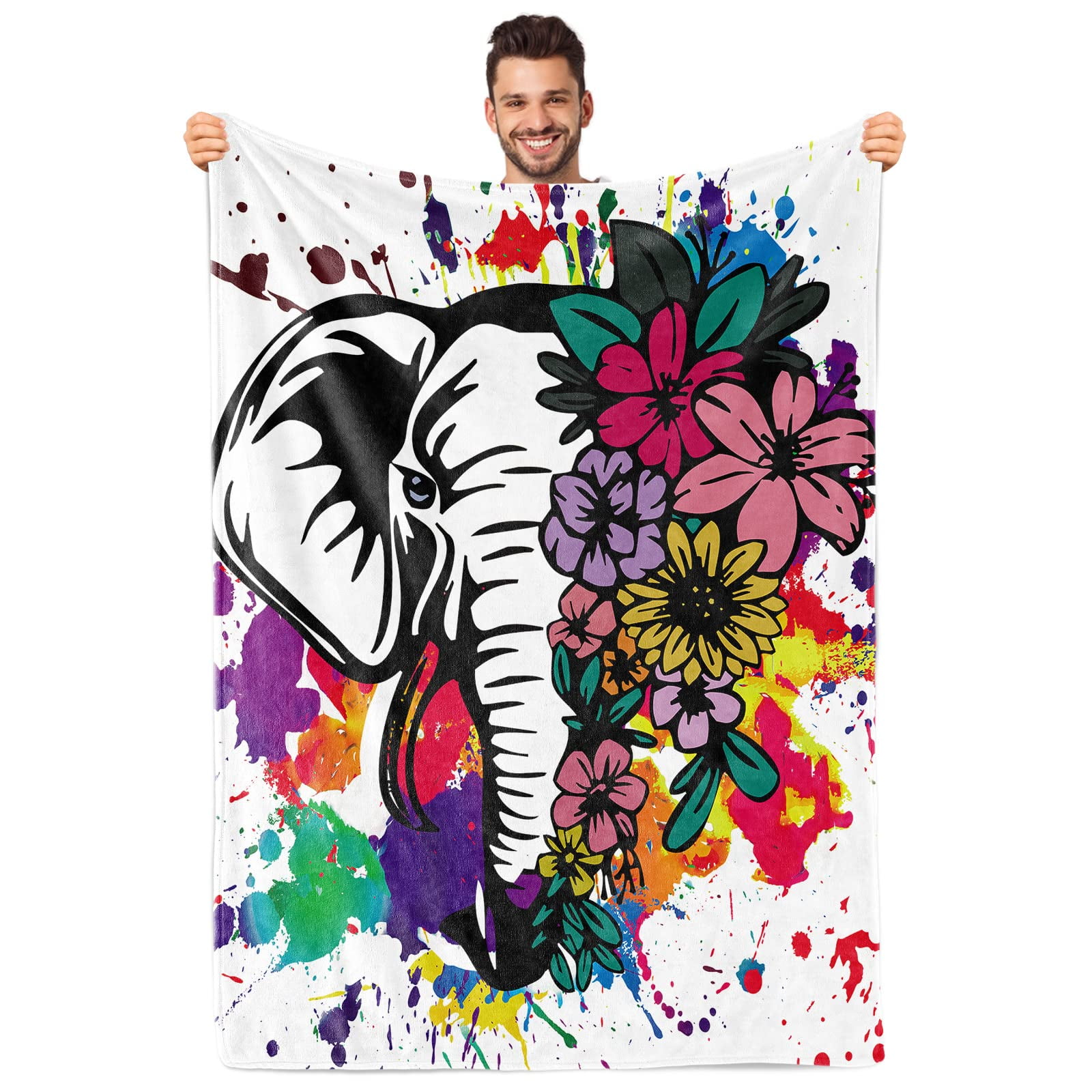 Kainsy Elephant Throw Blanket Elephant Splash Ink Watercolor Flowers ...