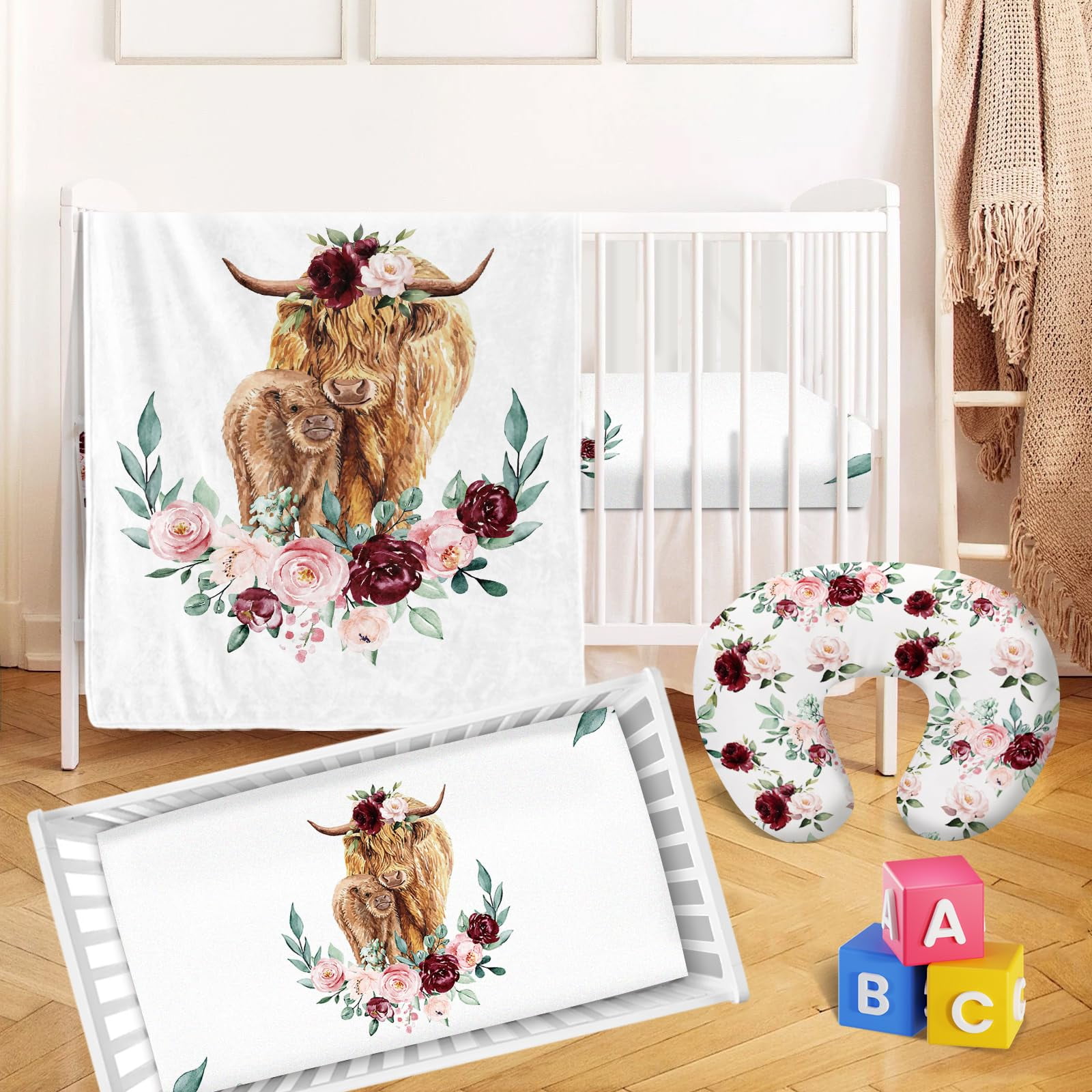 Kainsy Floral Highland Cow Crib Bedding Set, 3 Pcs, Flannel Blanket ...