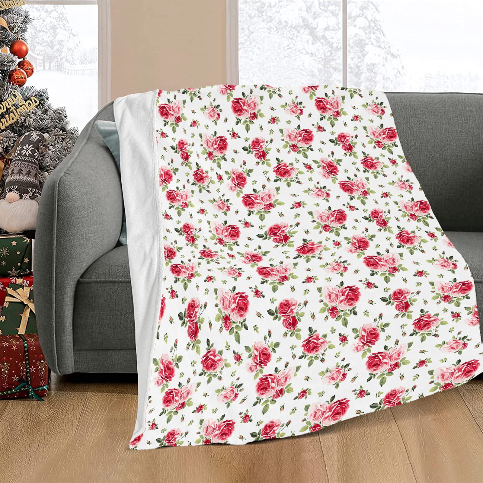 Kainsy Floral Rose Throw Blanket, Flannel Soft Warm Cozy Floral Print ...