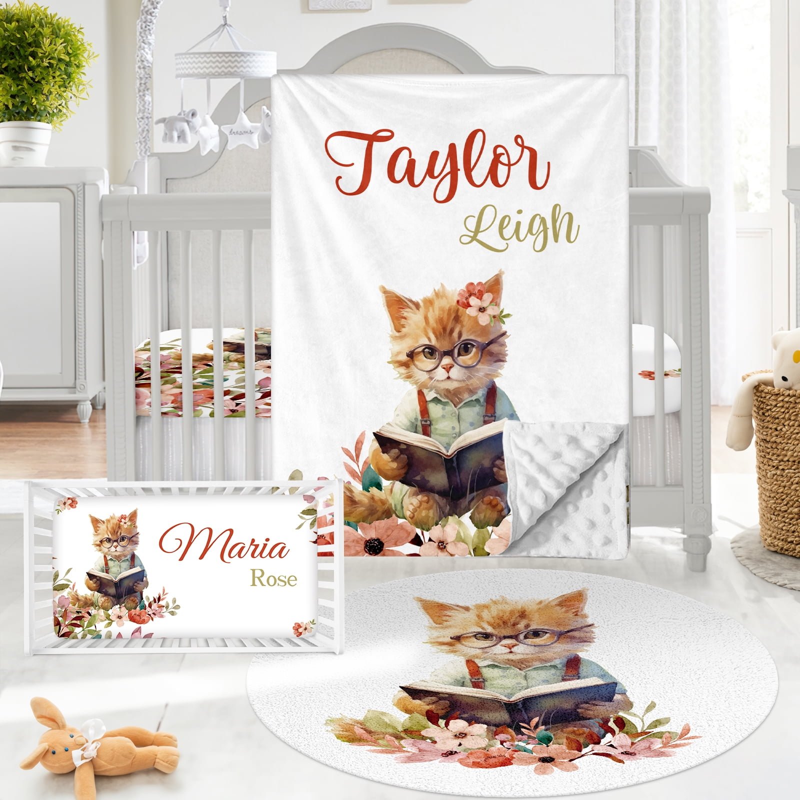 Kainsy Personalized Baby Crib Bedding Set - Custom Name Cat Theme 3 Pcs ...