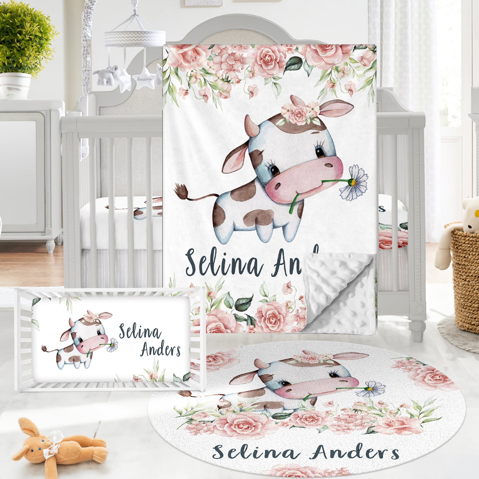 Personalized Baby Crib Bedding Set - - Custom Name Cow Pattern 3 Pcs ...