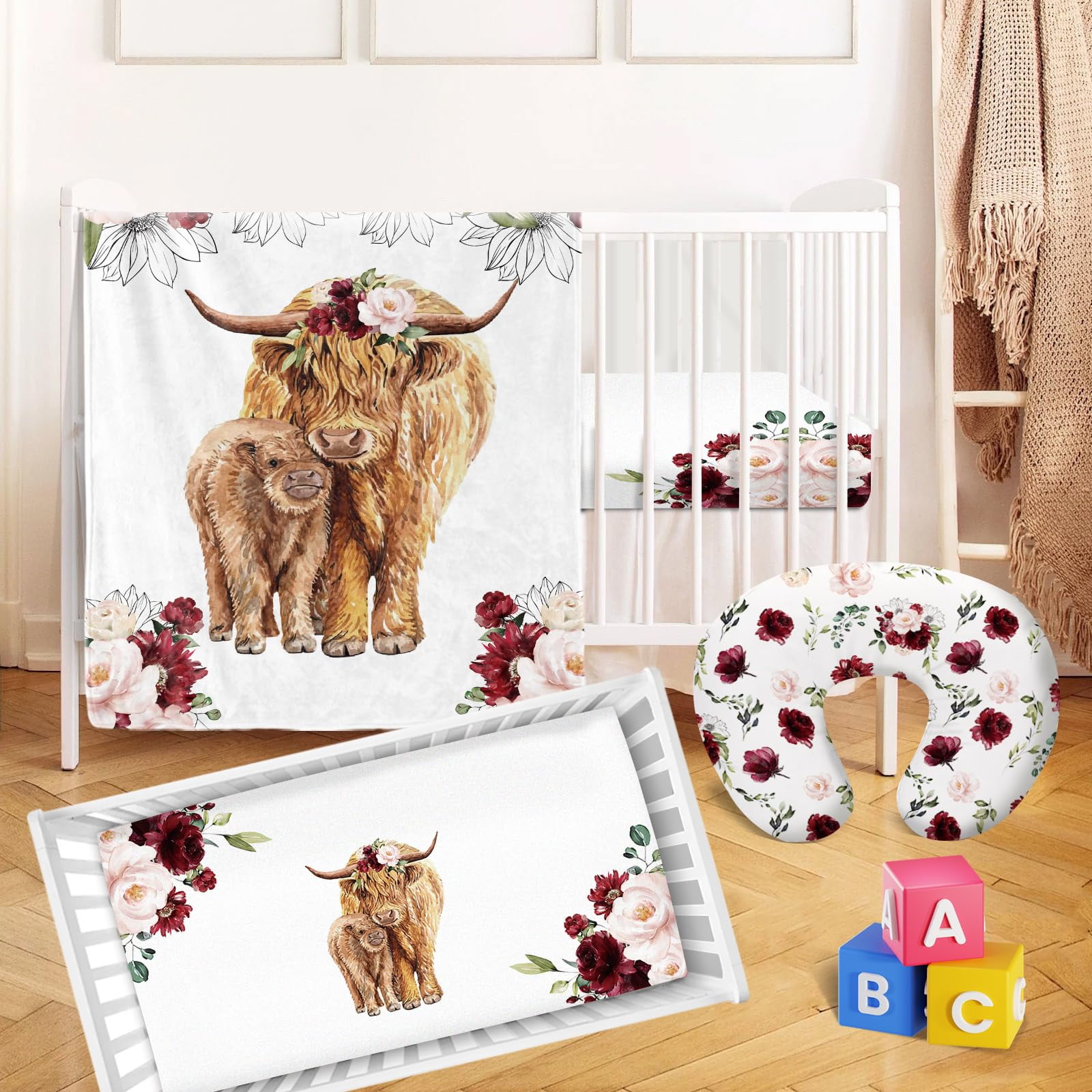 Kainsy Red Rose Highland Cow Crib Bedding Set, 3 Pcs, Flannel Blanket ...