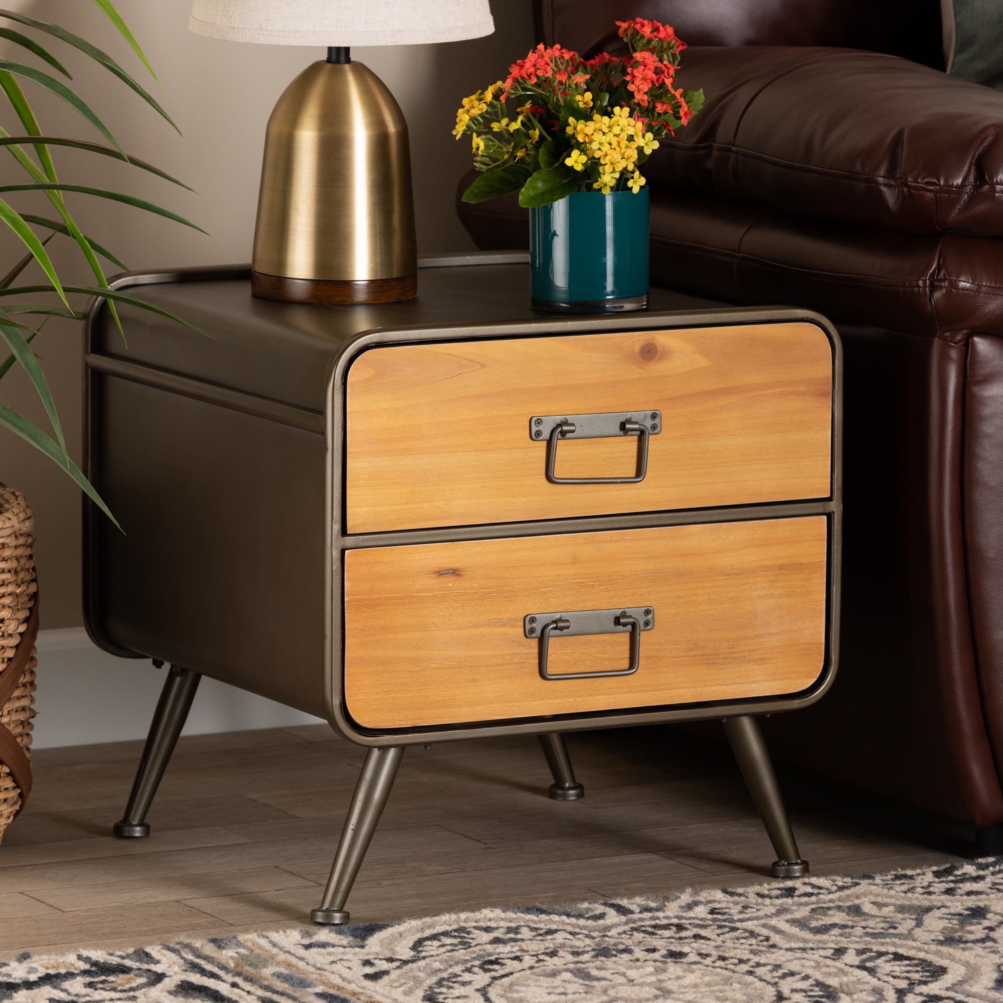 Kaiya Rustic and Industrial Oak Brown Finished Wood and Black Metal 2 ...