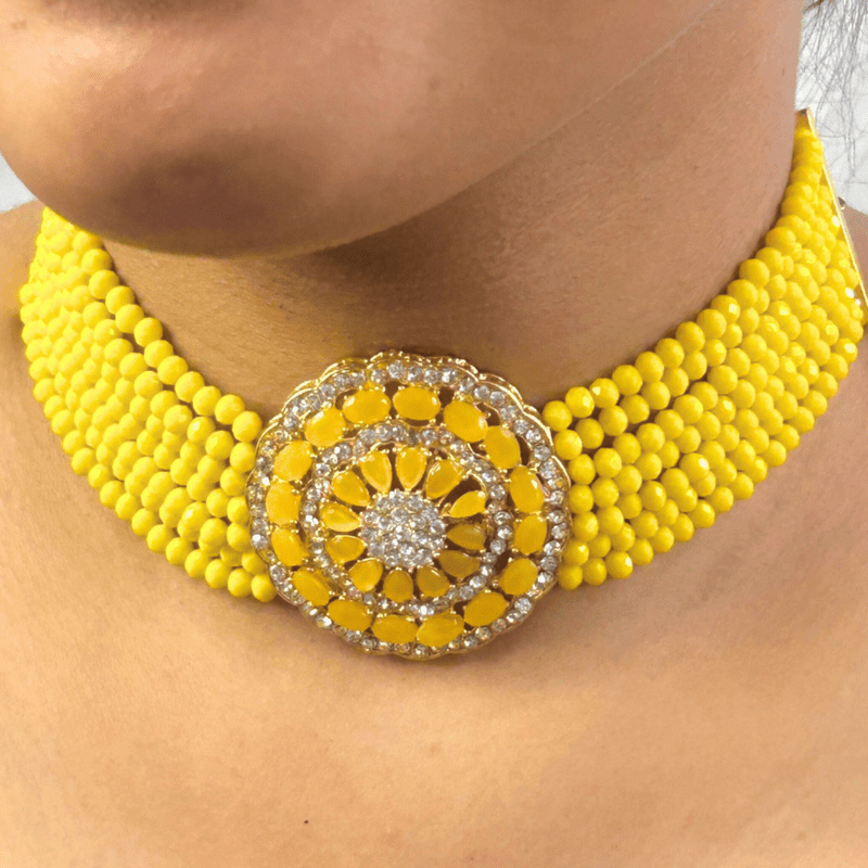Kajaro Designs Jewels Yellow Kundan Beaded Choker Necklace Set with ...