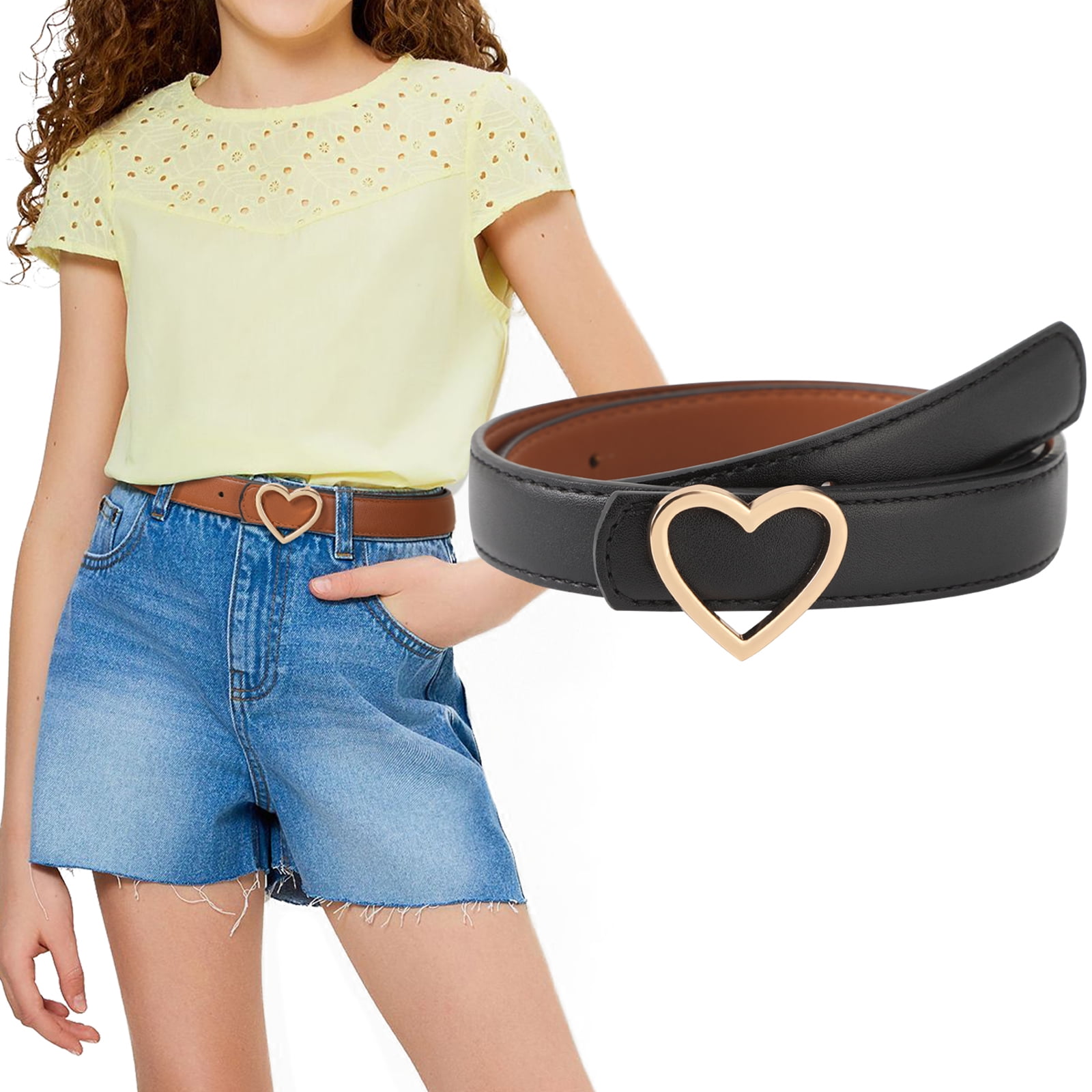 Kajeer Girls Reversible Leather Belt - Cute Heart Buckle Belt for Kids ...