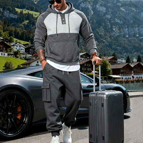 Kakii Men's Color Block Hoodie & Cargo Pants Set, Two-Piece Outfit with ...