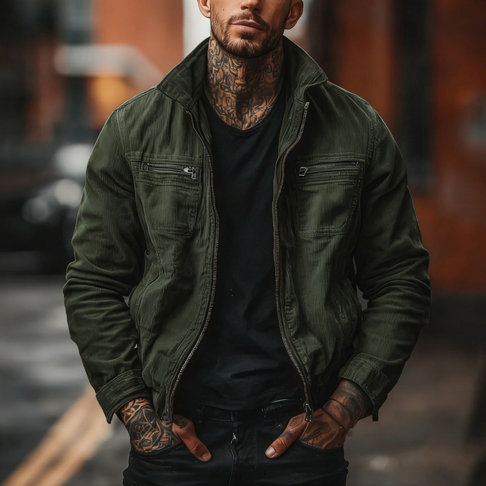 Kakii Men's Corduroy Zip Front Jacket, Long Sleeve Stand Collar Casual ...