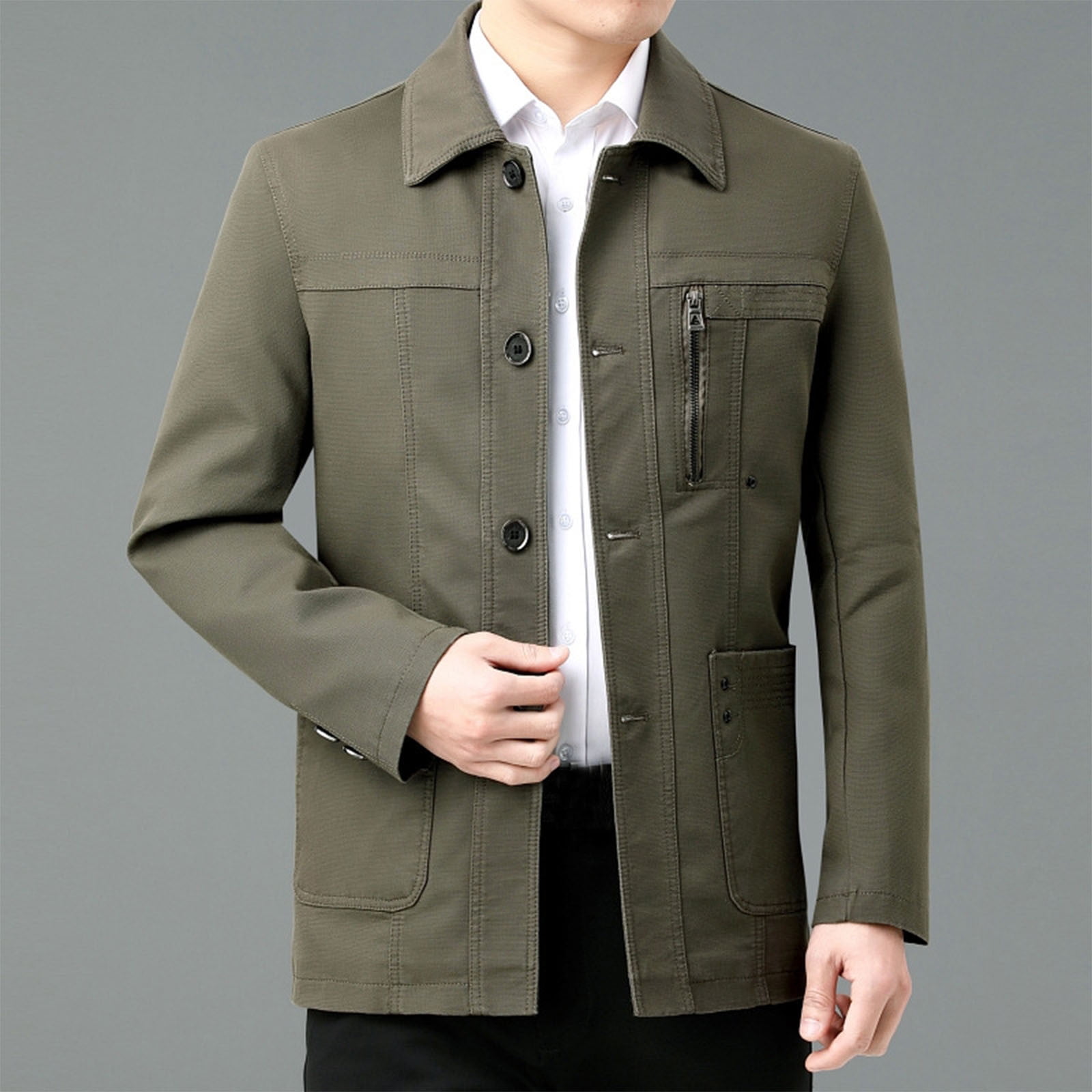 Kakii Men's Utility Jacket, Button Down Collar Long Sleeve Cargo Coat ...