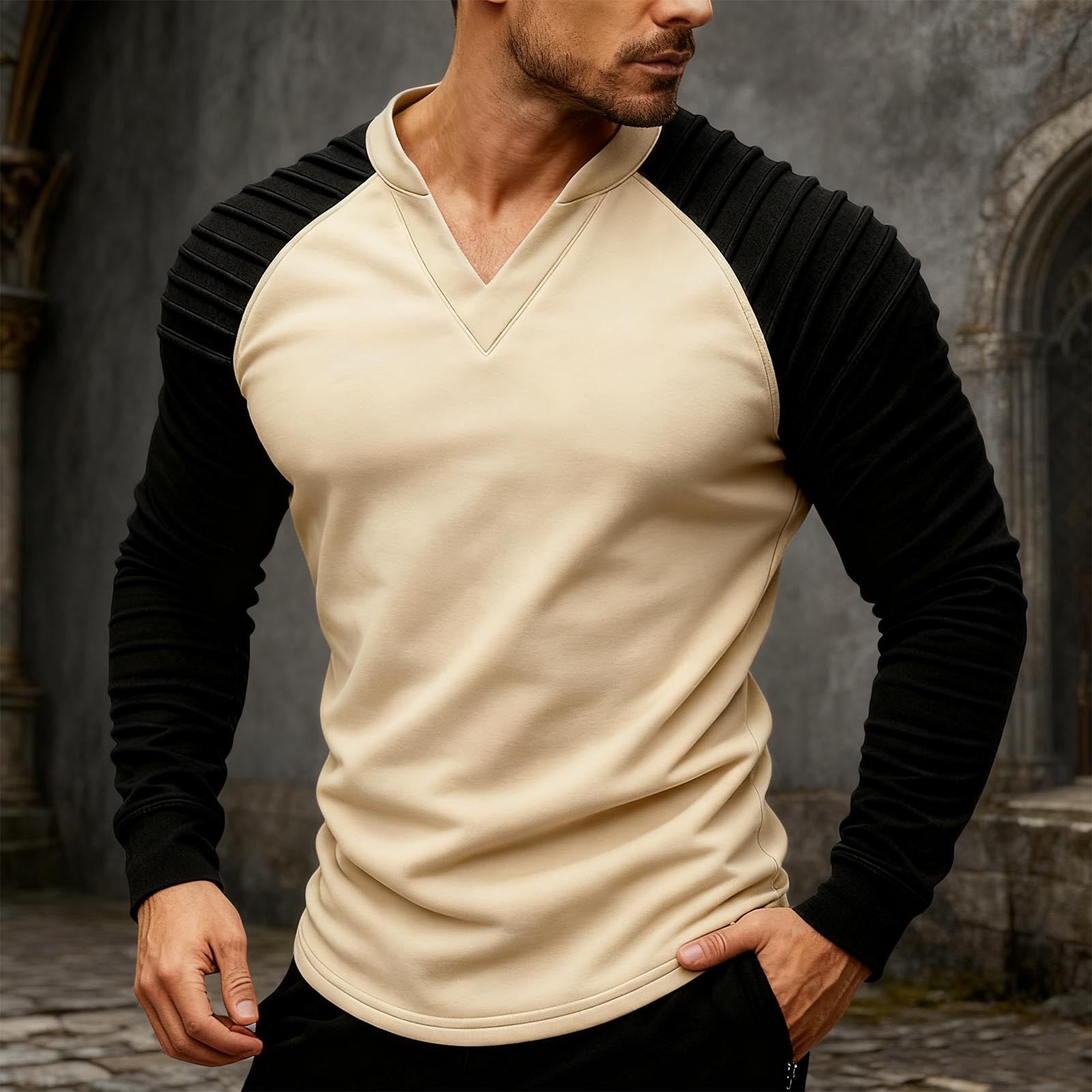 Kakii Men's V-Neck Raglan Sleeve Tee, Ribbed Sleeve with Suede Panels ...
